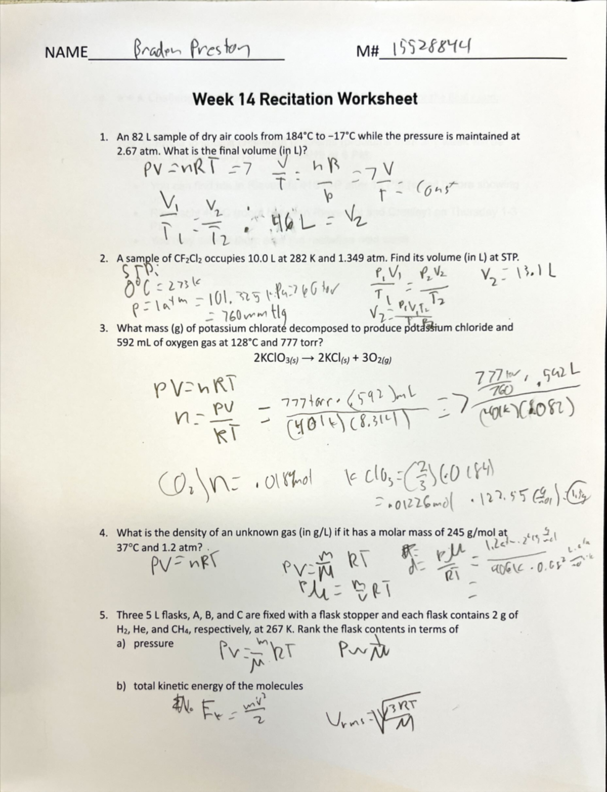 Week 14 Recitation - CHEM1040 - Studocu