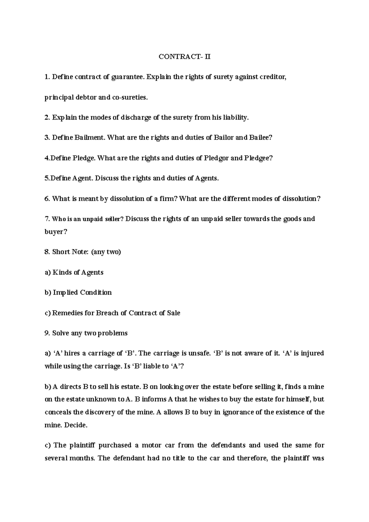 Contract-II - Model answers for contract 2 - CONTRACT- II 1. Define ...