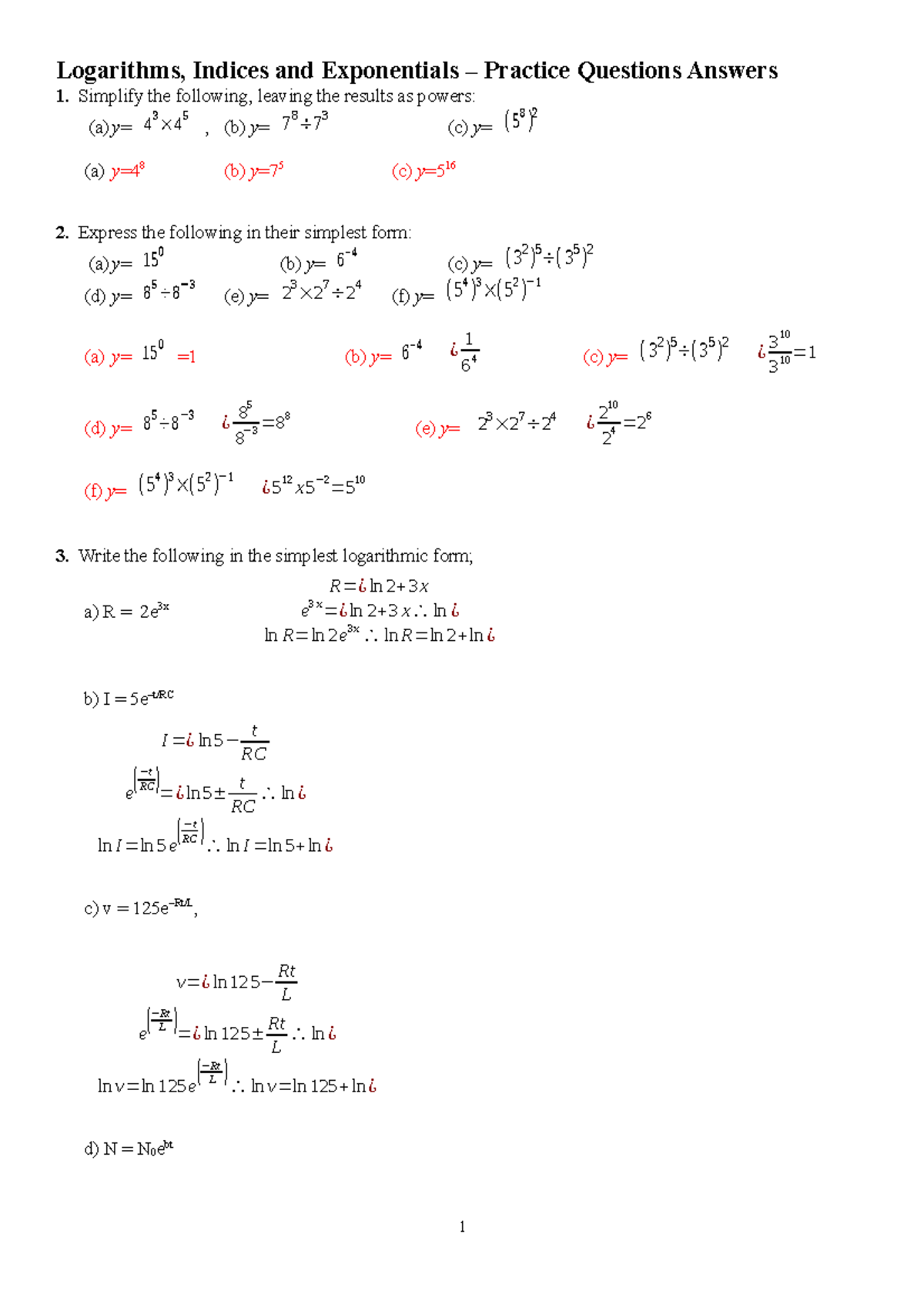 Logarithms, Indices and Exponentials Laws of Indices Answers ...