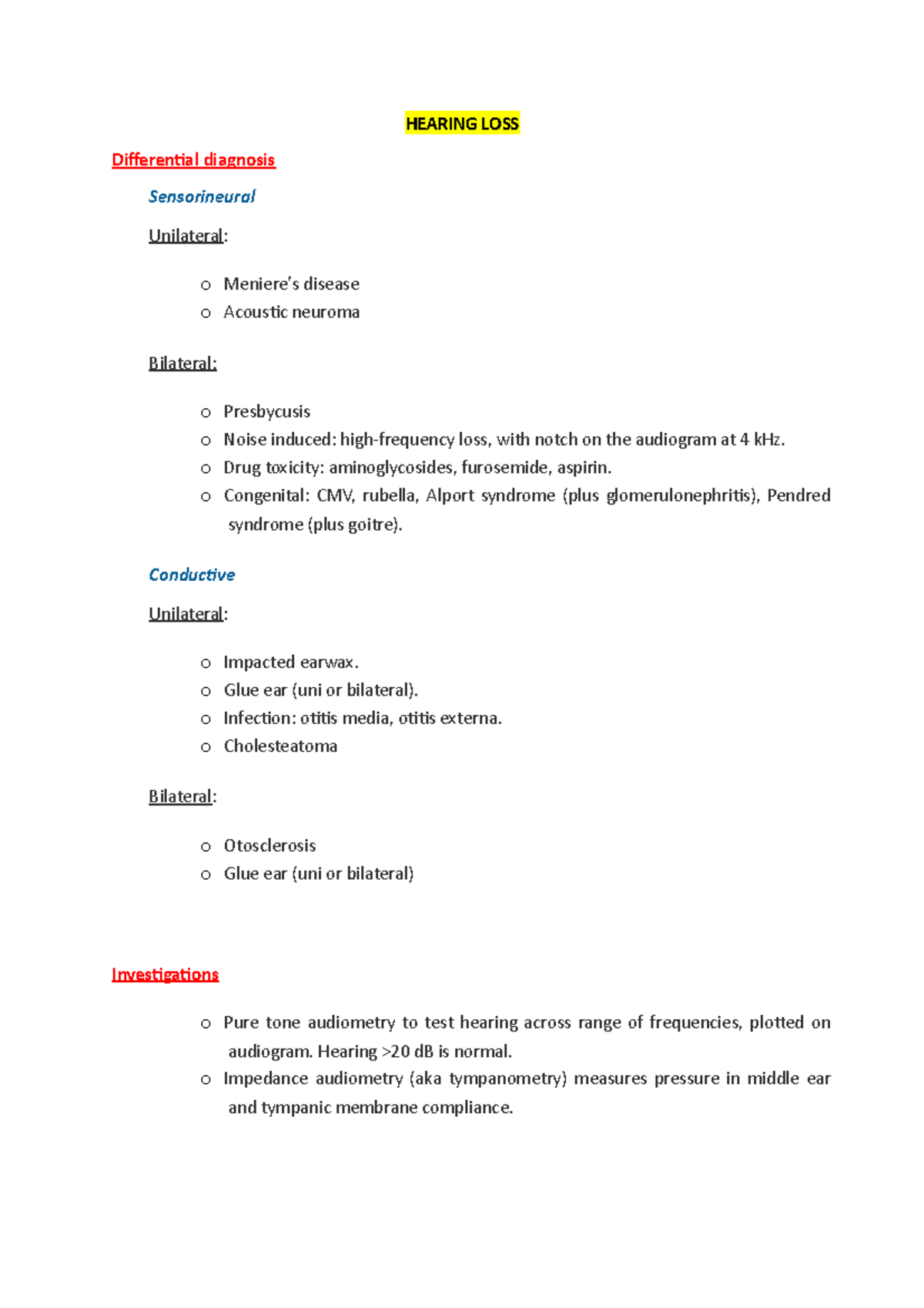 Hearing Loss - Lecture notes 4 - HEARING LOSS Differential diagnosis ...