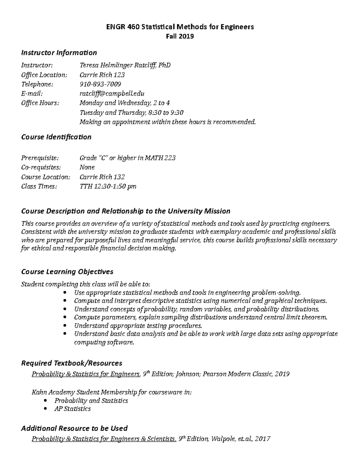 Syllabus-ENGR460-THR - ENGR 460 Statistical Methods for Engineers Fall ...