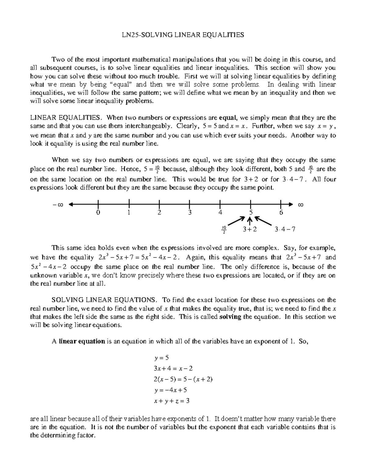 LN25- Solving Linear Equalities - LN25-SOLVING LINEAR EQUALITIES Two of ...