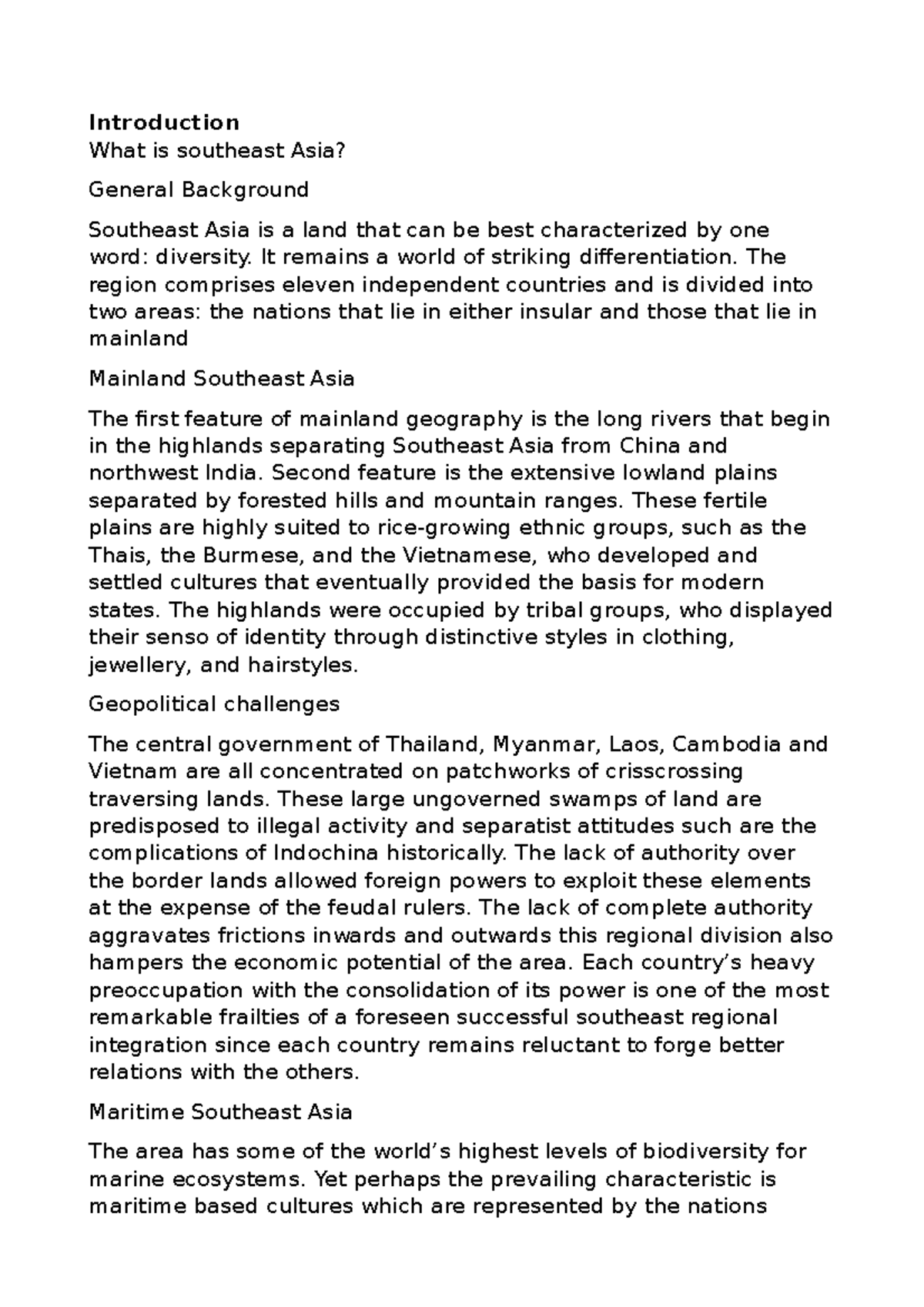 Regional Studies - Southeast Asia Summary - Introduction What is ...