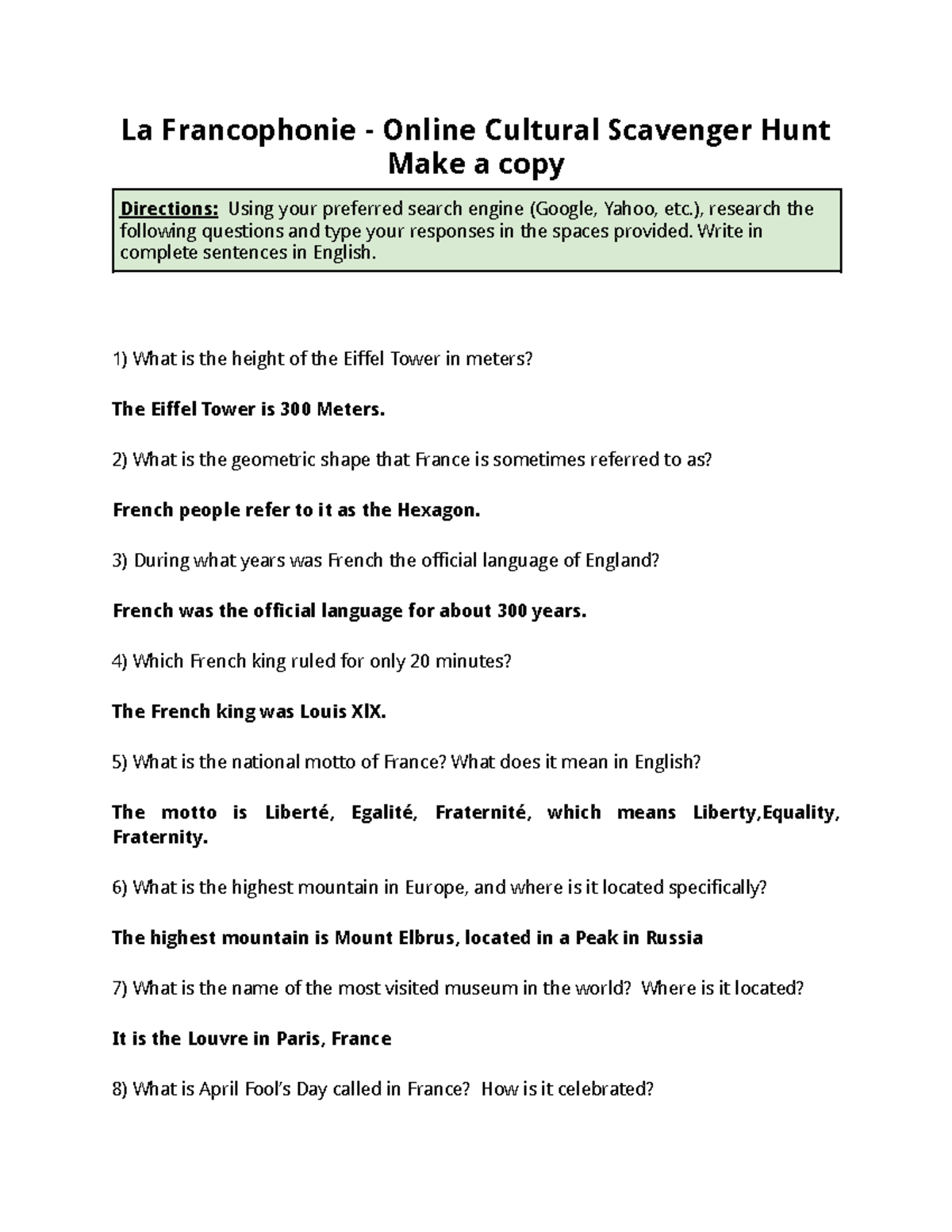 Copy of La Francophonie - Online Scavenger Hunt (Sub) - La Francophonie ...