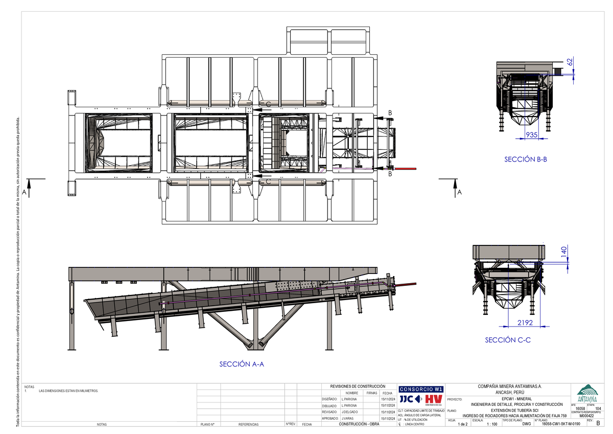 SKT-190 B - plano nuevo recorrido de tubería - A A B B C C SECCIÓN A-A 62 935 SECCIÓN B-B 140 ...