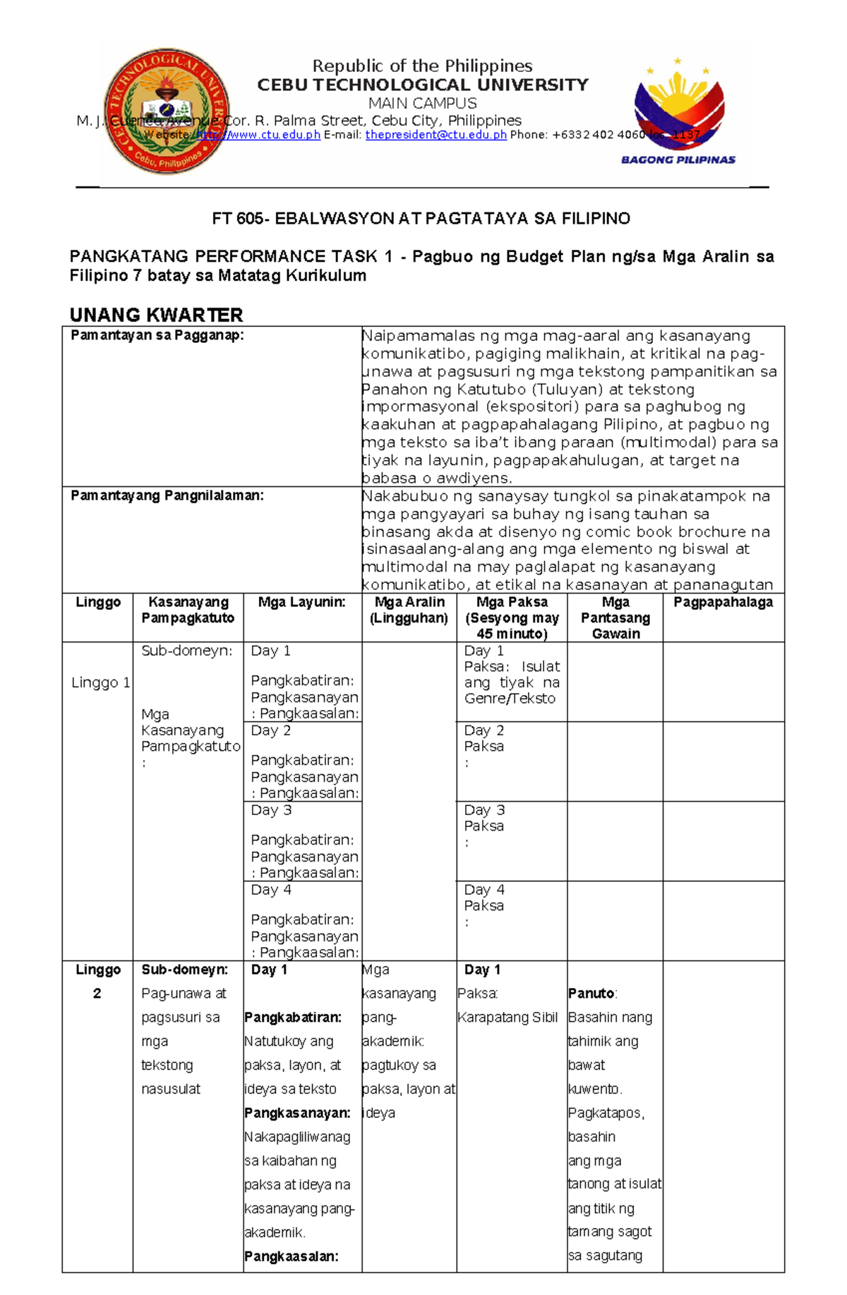 FT 605 PT #1 - project - FT 605- EBALWASYON AT PAGTATAYA SA FILIPINO ...