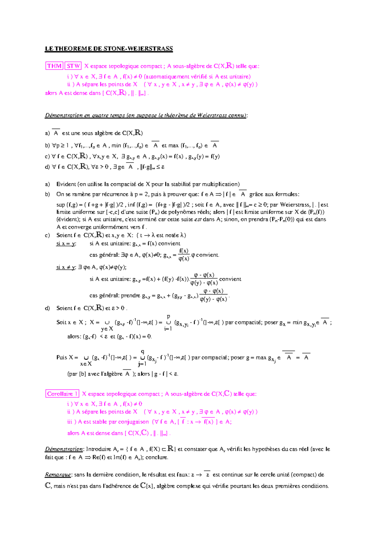 Agrégation : Théorème de Stone-Weierstrass - LE THEOREME DE STONE ...