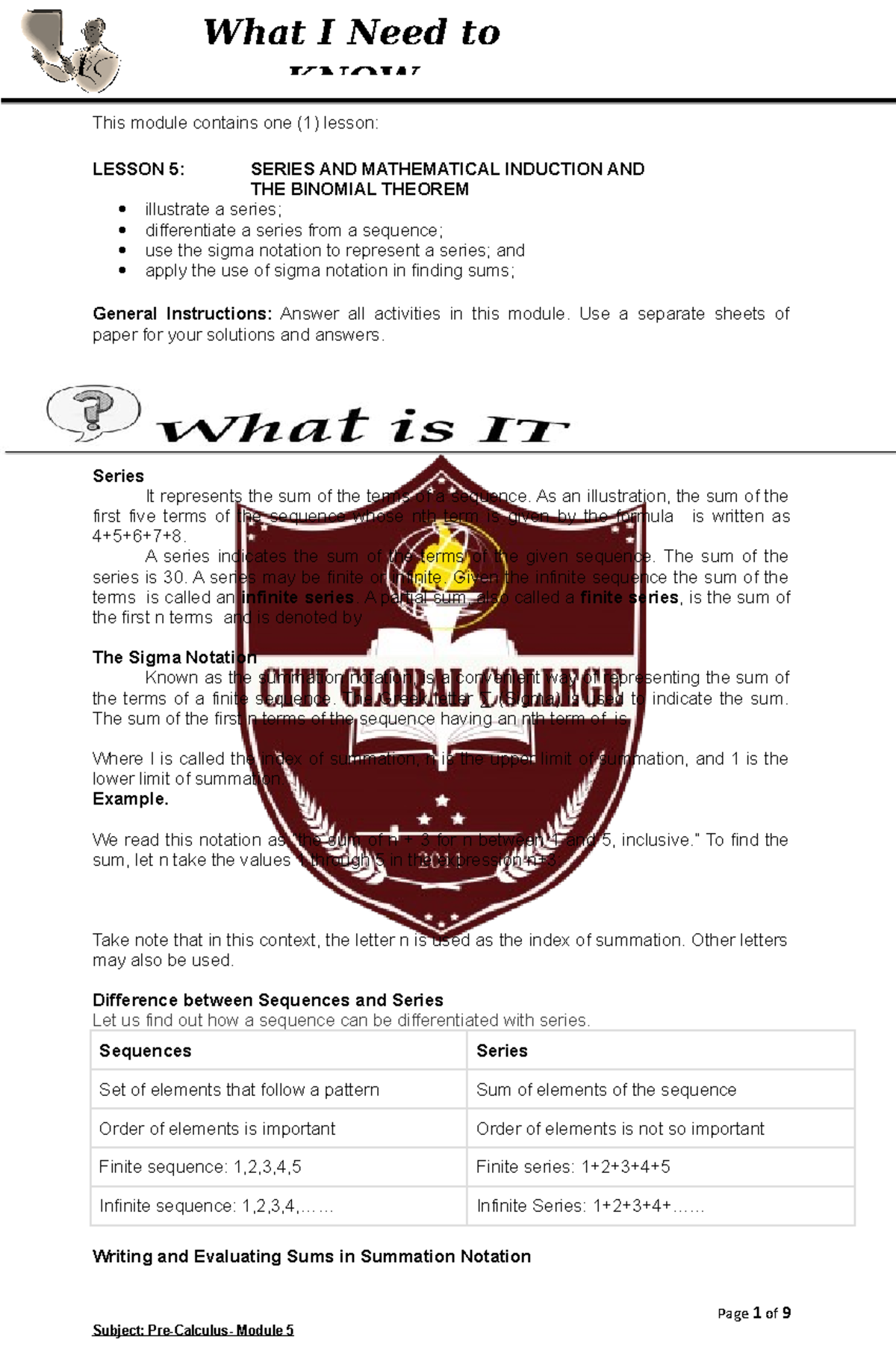 Pre Calculus Module 5 - ............... - This module contains one (1 ...