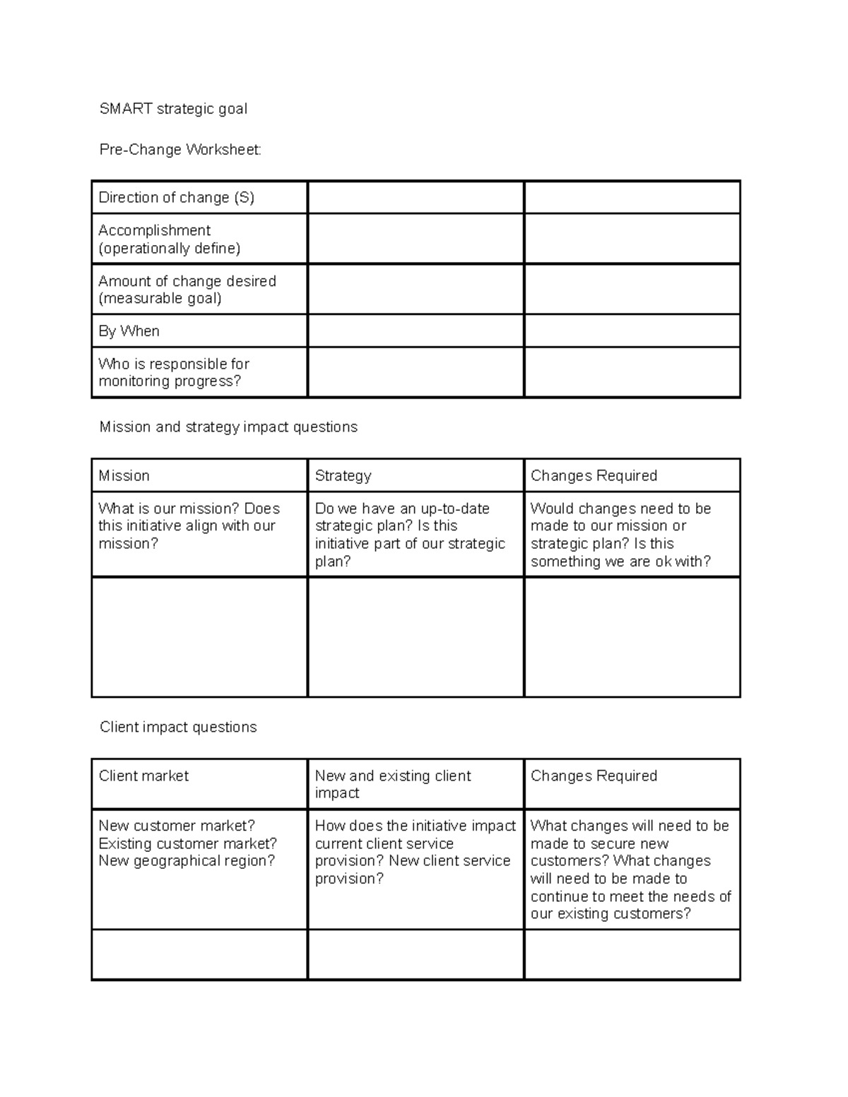 Smart strategic goal - SMART strategic goal Pre-Change Worksheet ...