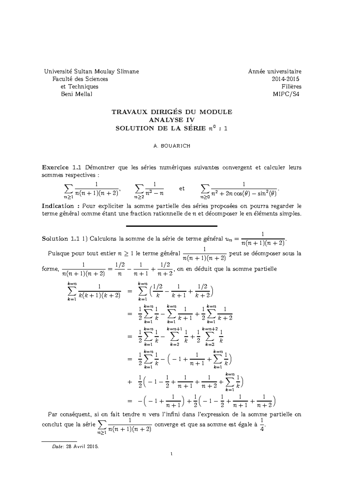Solution TD1 Analyse 4 - Universit ́e Sultan Moulay Slimane Ann ́ee universitaire Facult ́e des ...