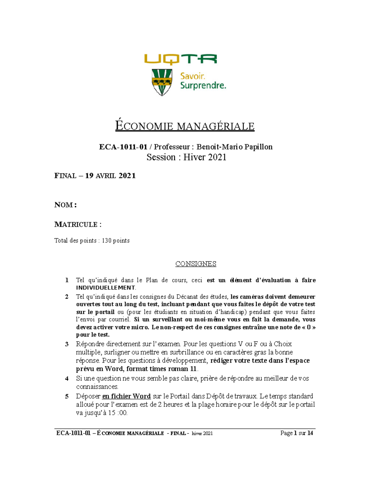 Examen-final - Benoit mario papillon 33/40 - École de gestion É CONOMIE ...