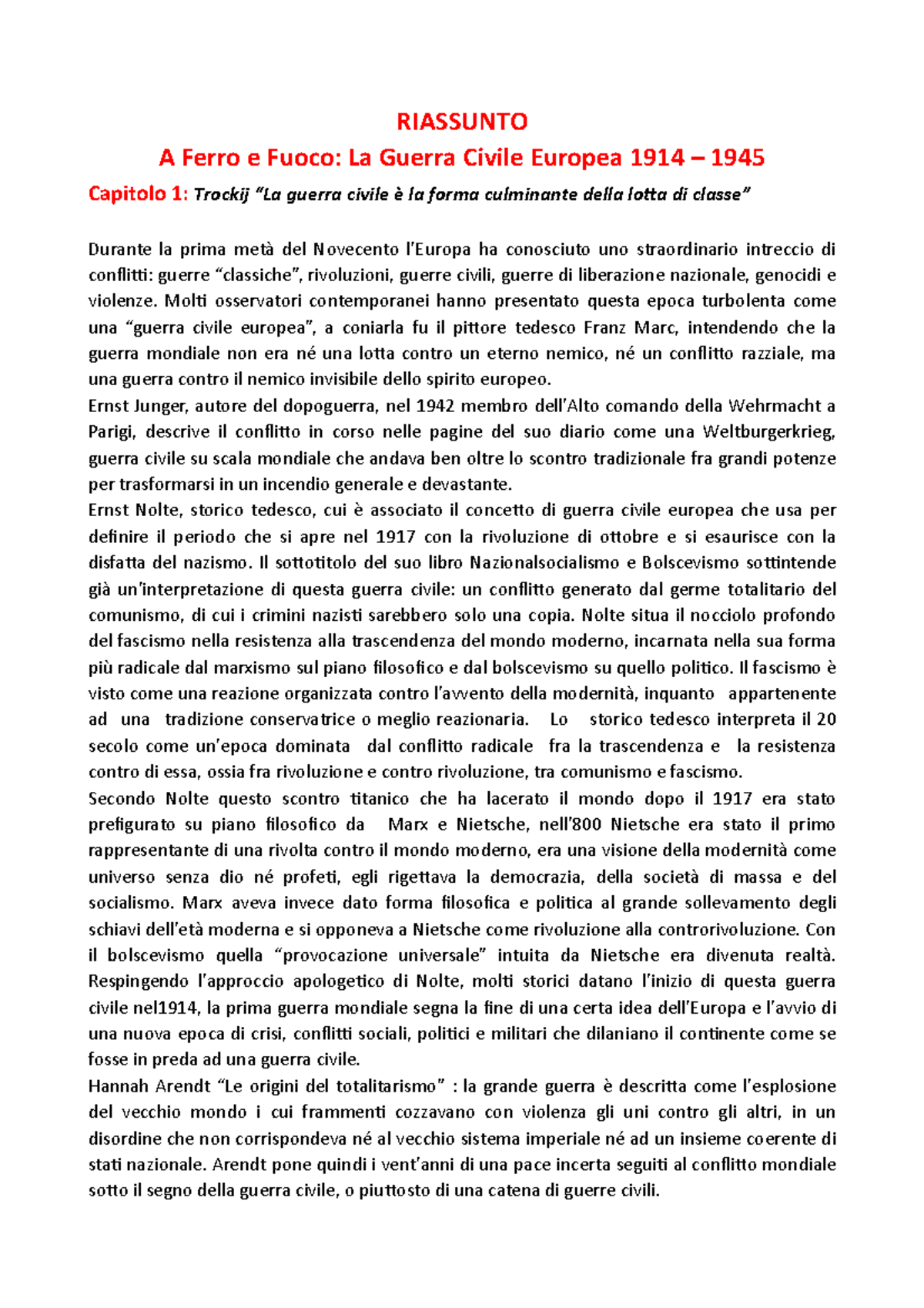 Riassunto - A Ferro e fuoco - RIASSUNTO A Ferro e Fuoco: La Guerra Civile Europea 1914 – 1945 ...