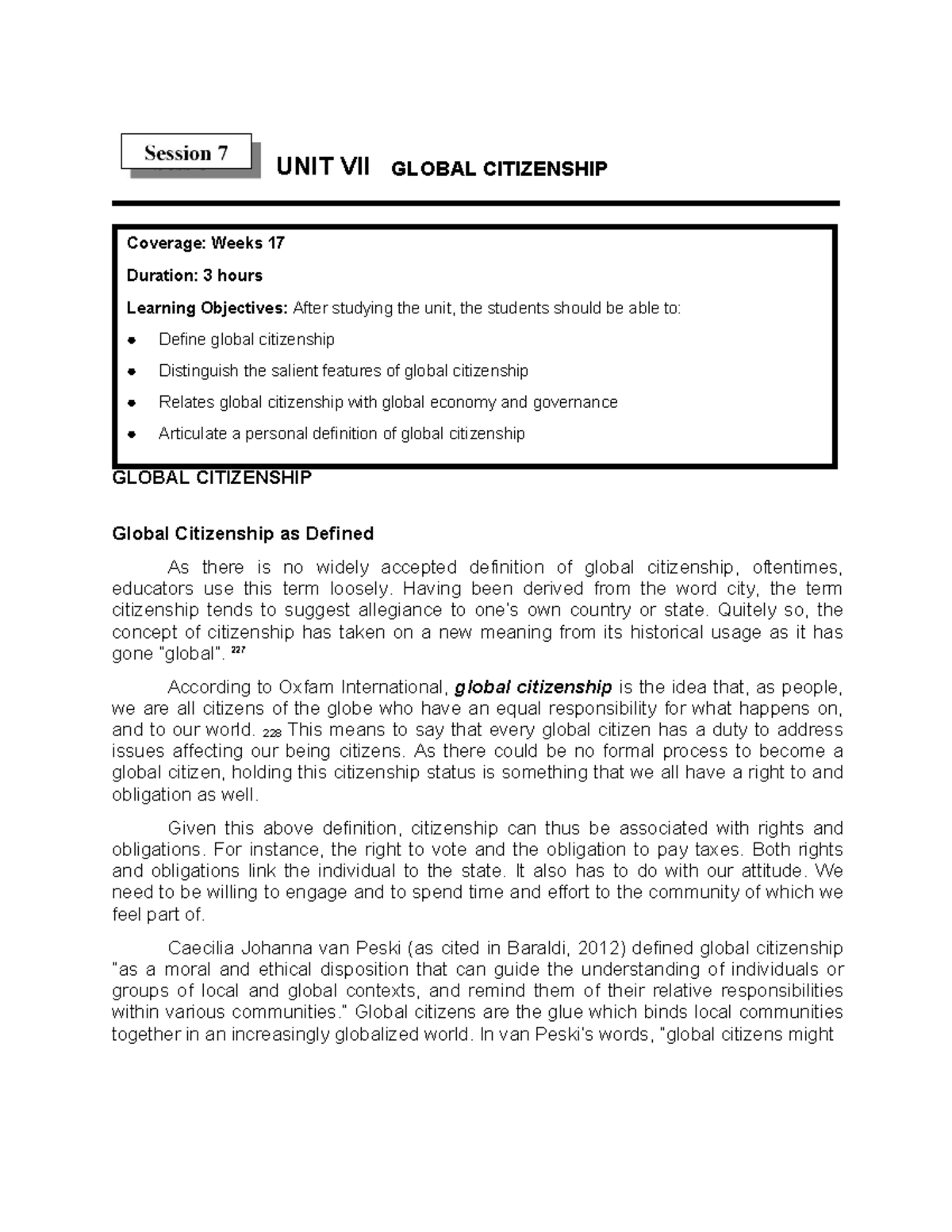 UNIT VII Global Citizenship - Coverage: Weeks 17 Duration: 3 hours ...