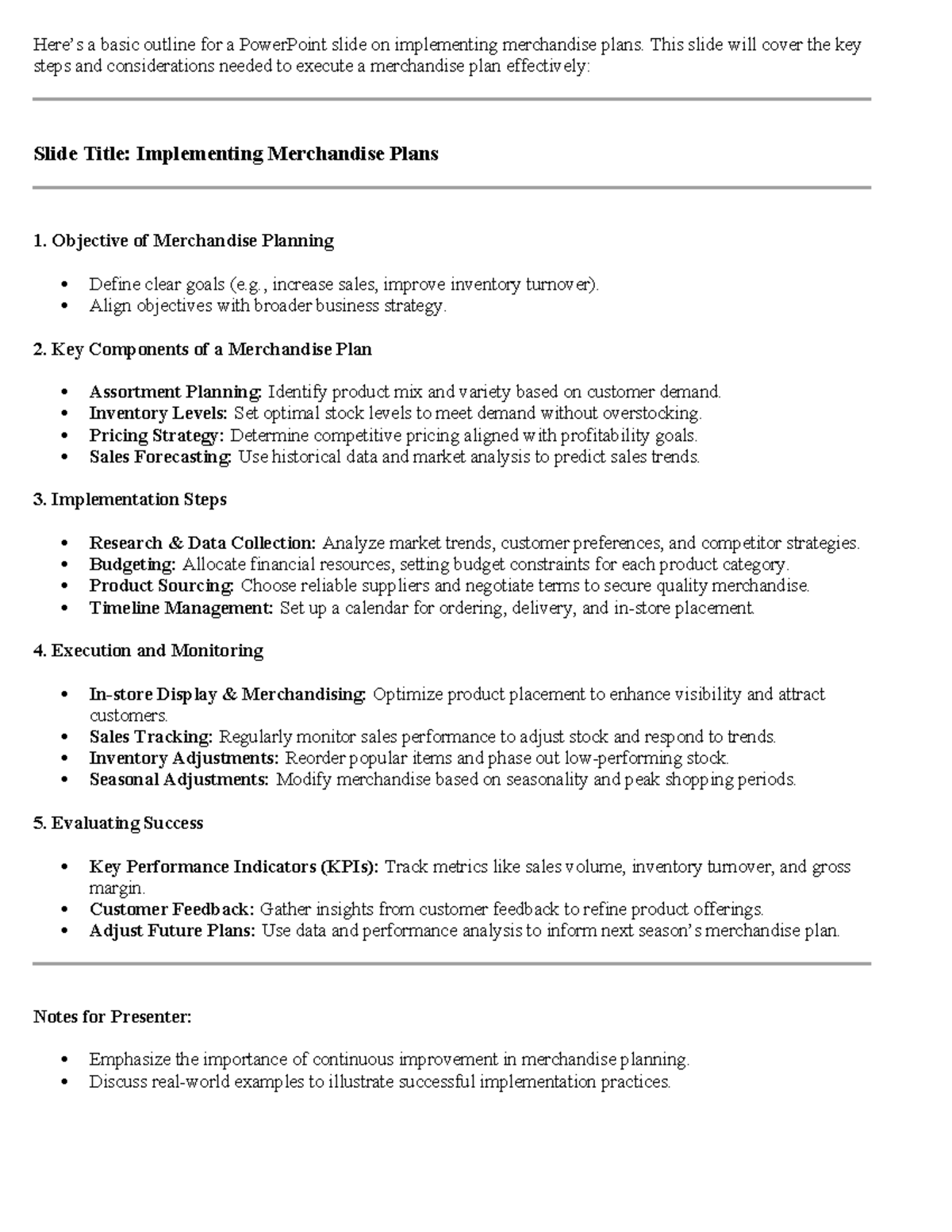 Implementing Merchandise Plans - Here’s a basic outline for a ...