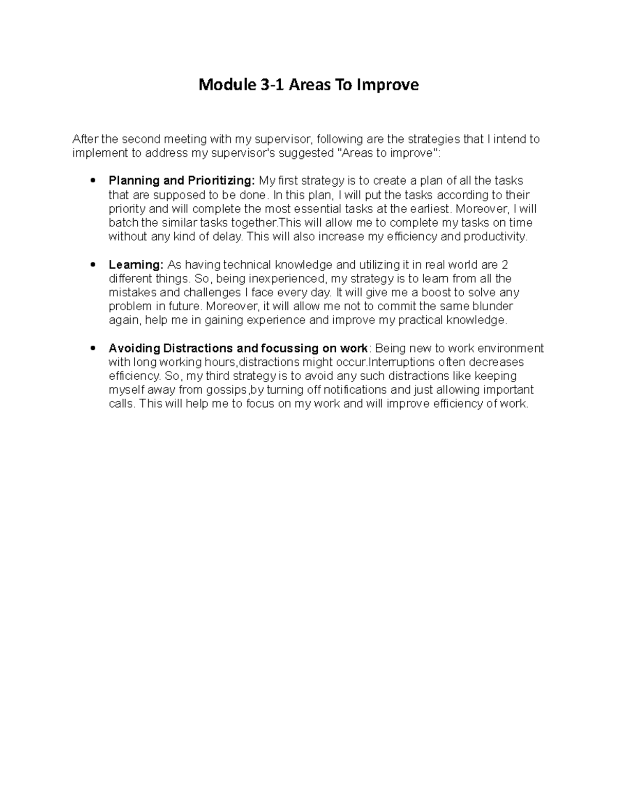Three - Module 3-1 Areas To Improve After the second meeting with my ...