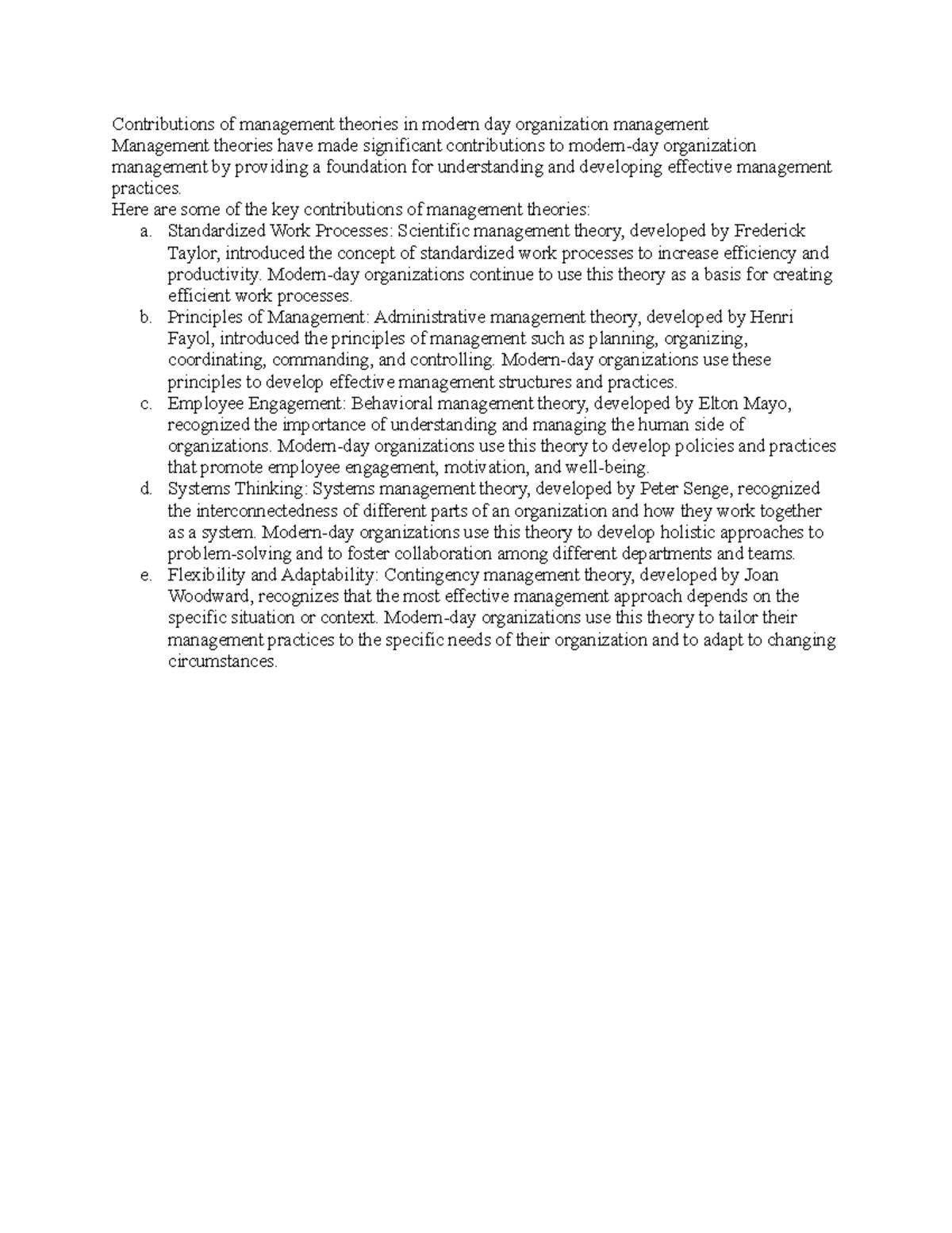 Contributions of management theories in modern day organization ...