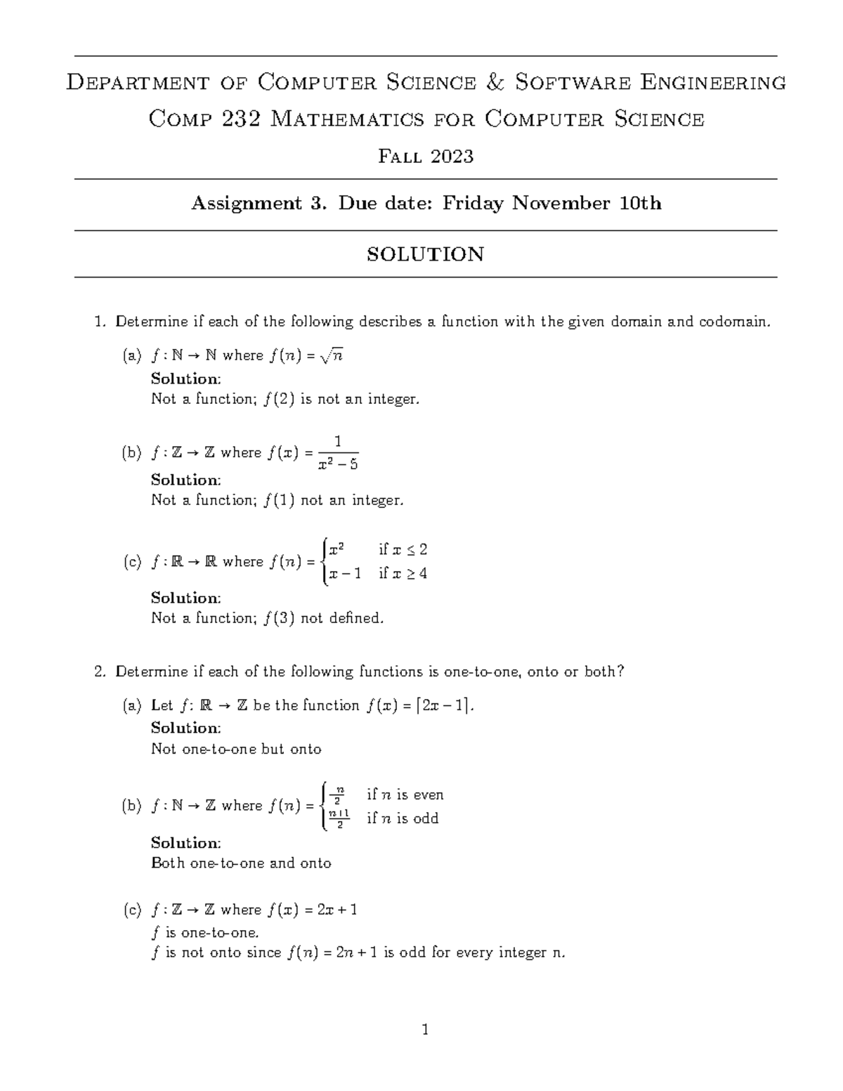 Assgn 3-sols - Department of Computer Science & Software Engineering Comp 232 Mathematics for ...