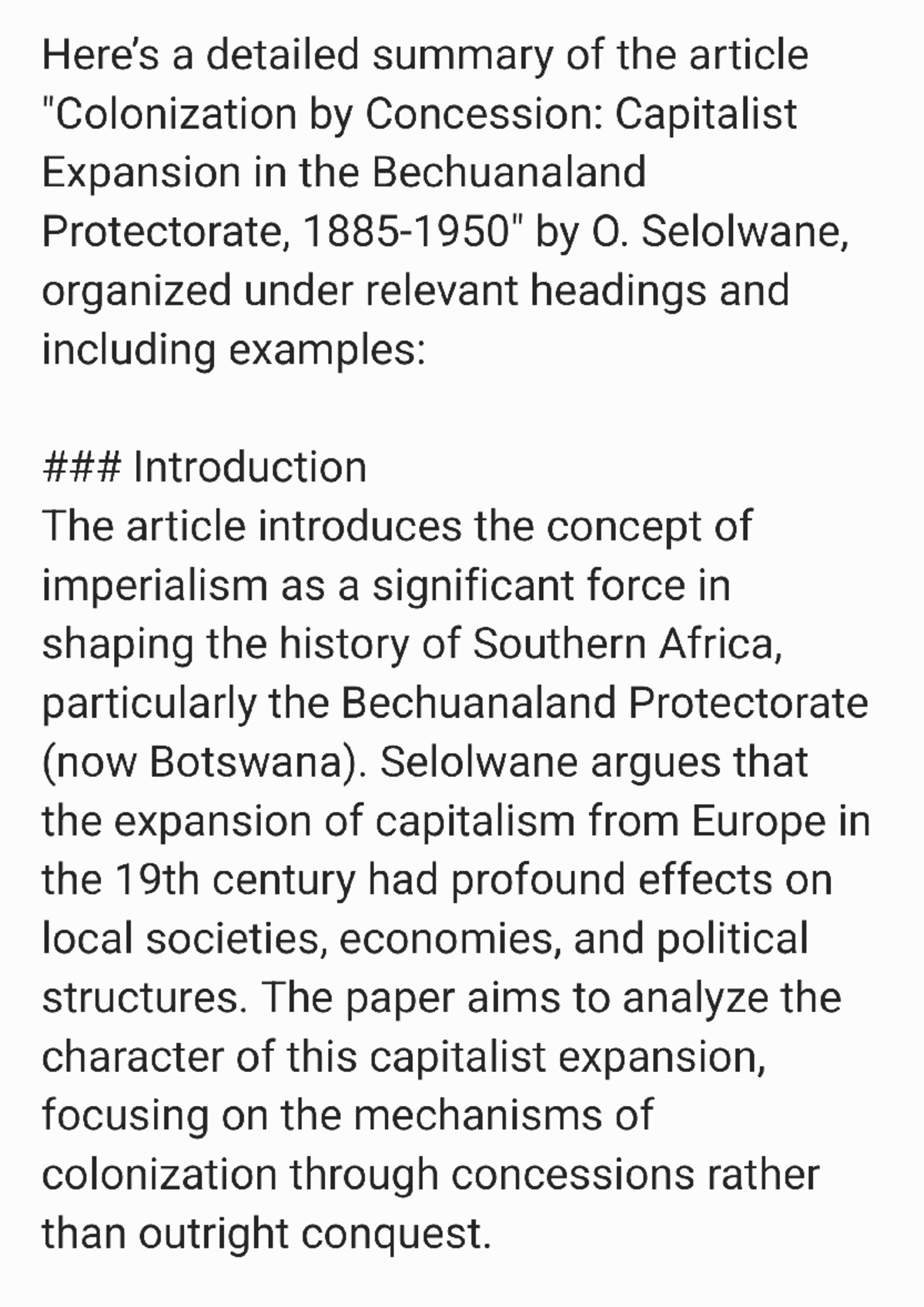 Selolwane summary - a detailed summary of the article Concession ...