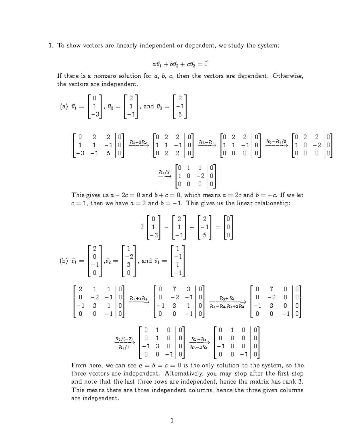MA0280 Practice Final 2 Solutions - To show vectors are linearly ...
