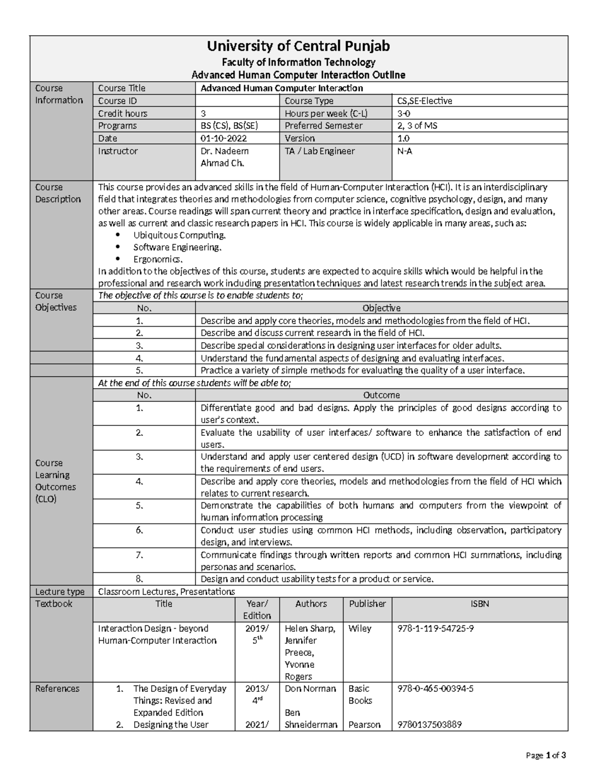 Final HCI course Outline Fall 2022 for MS - University of Central ...