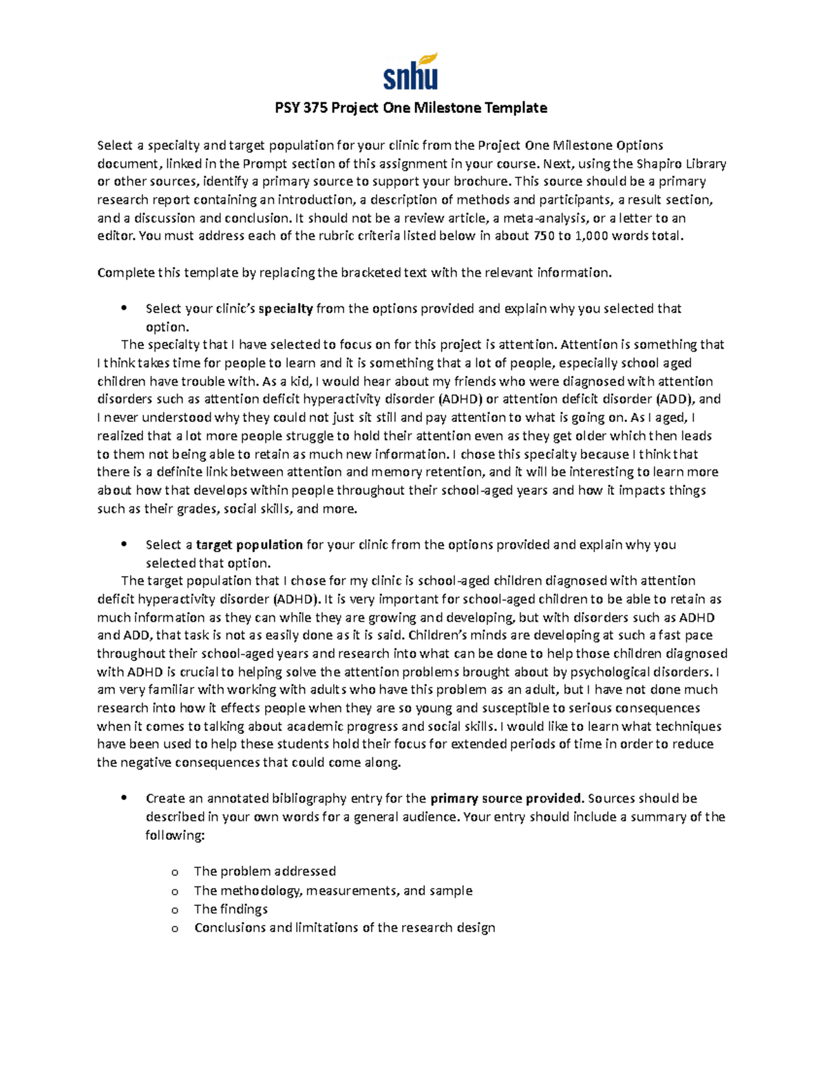 PSY 375 Project One Milestone - Next, using the Shapiro Library or ...