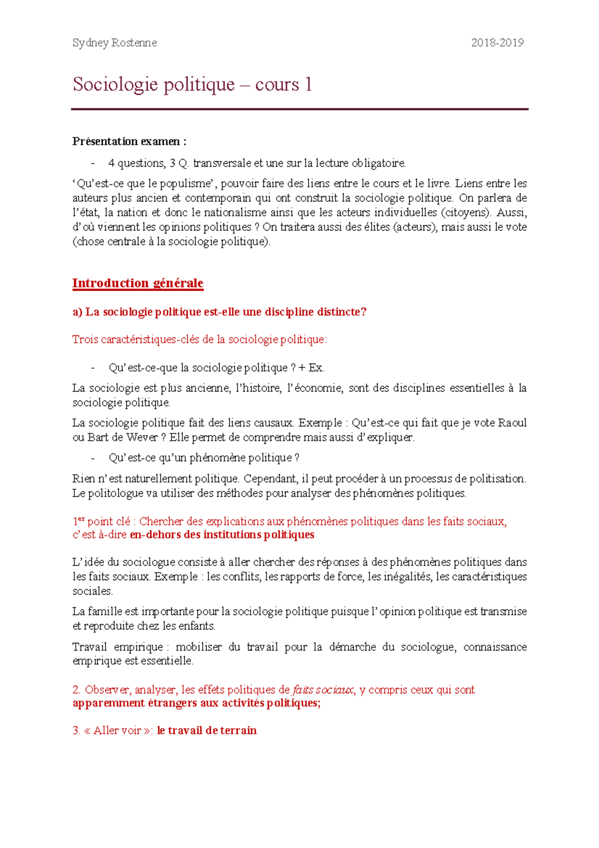 Version 4 (2019-2020) - résumé socio pol - Sydney Rostenne 2018- Sociologie politique – cours 1 ...