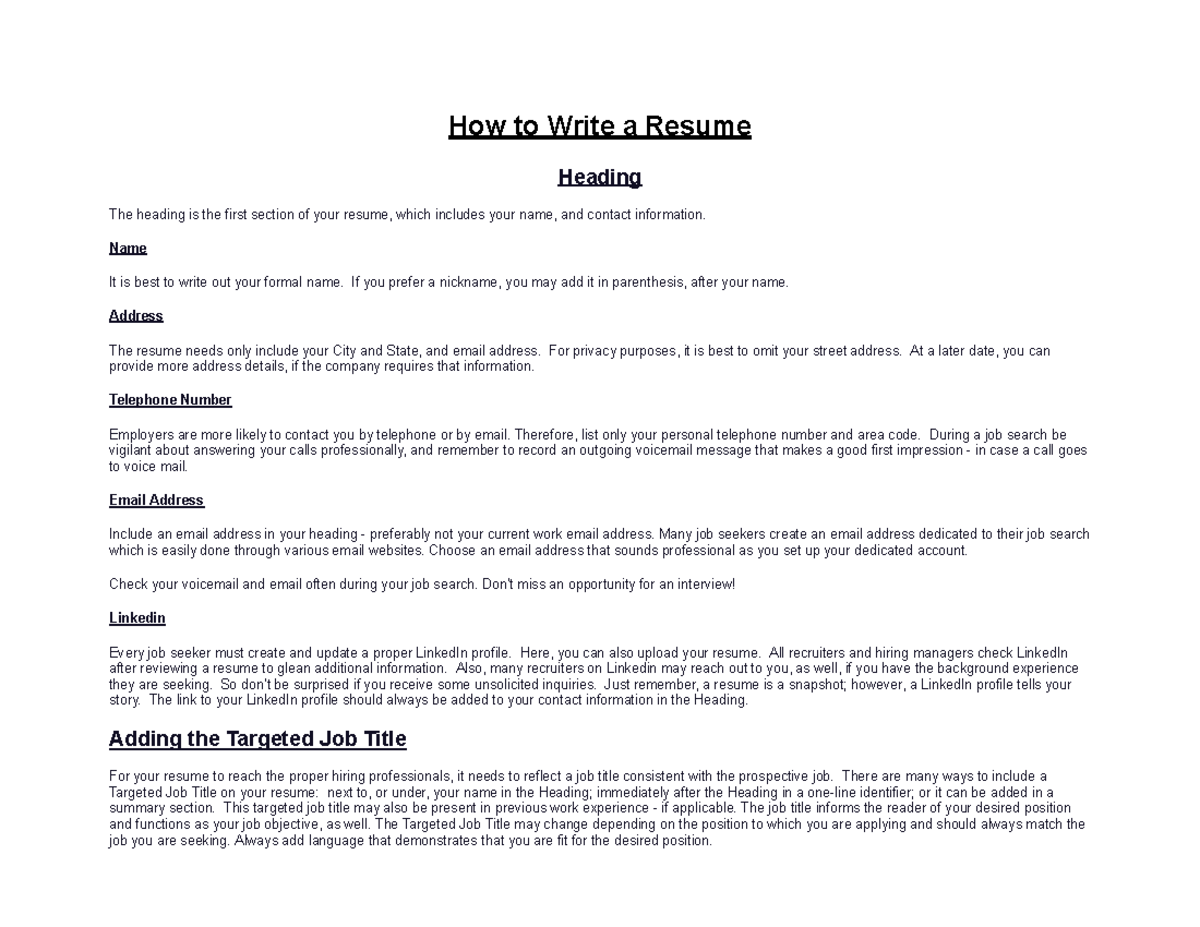 How to Write a Resume - Heading The heading is the first section of ...