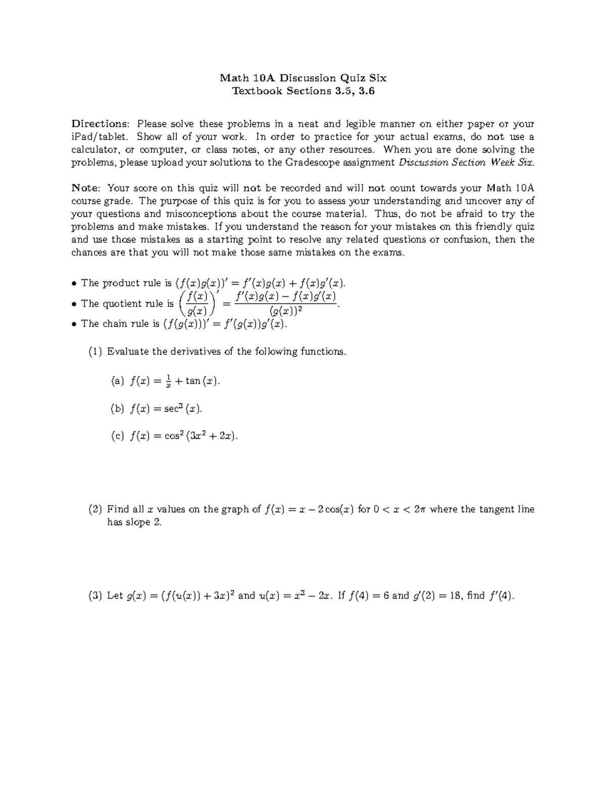 Quiz 6 solution - Math 10A Discussion Quiz Six Textbook Sections 3, 3 ...