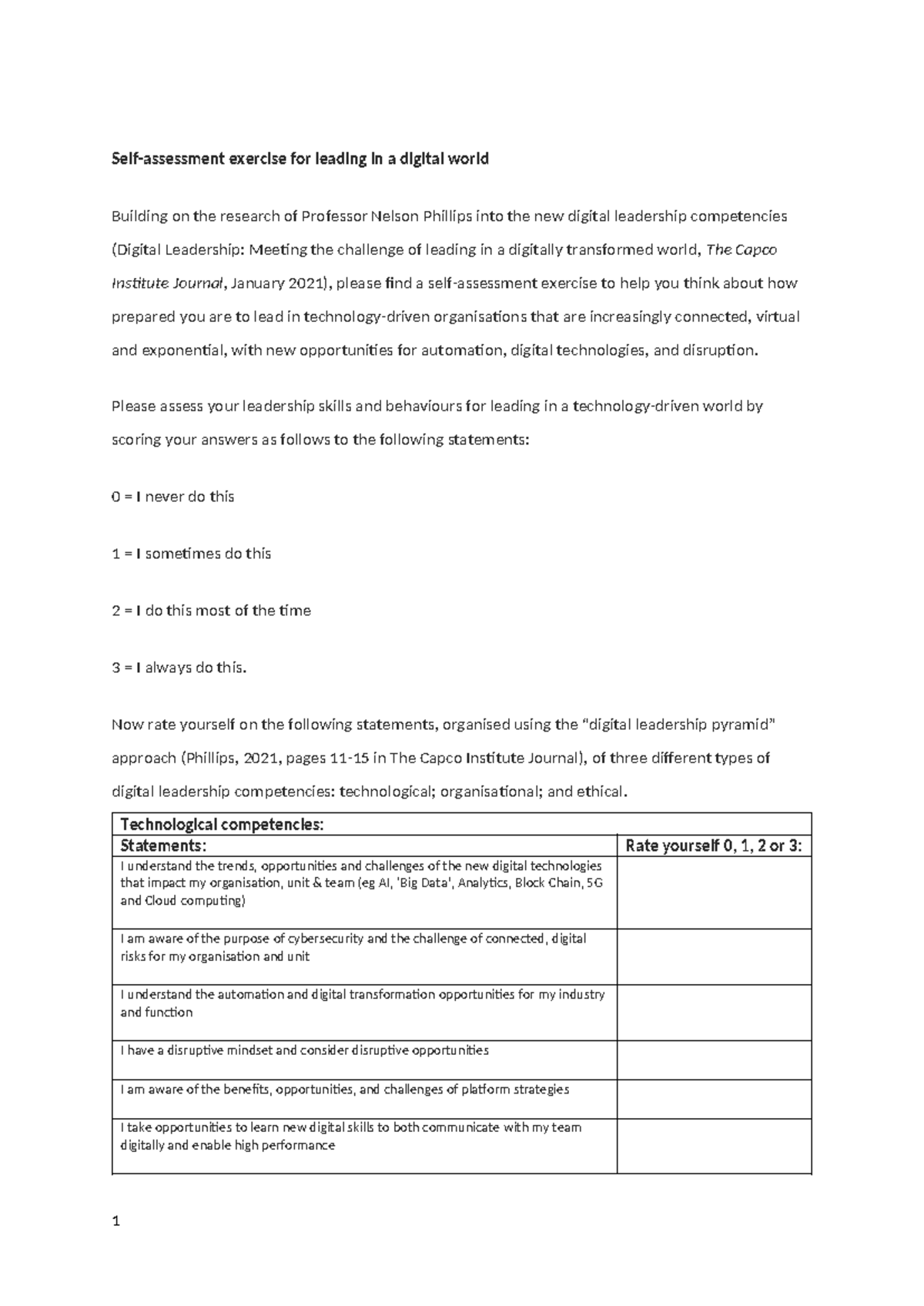 Self-assessment exercise for leading in a digital world V4 - Self ...