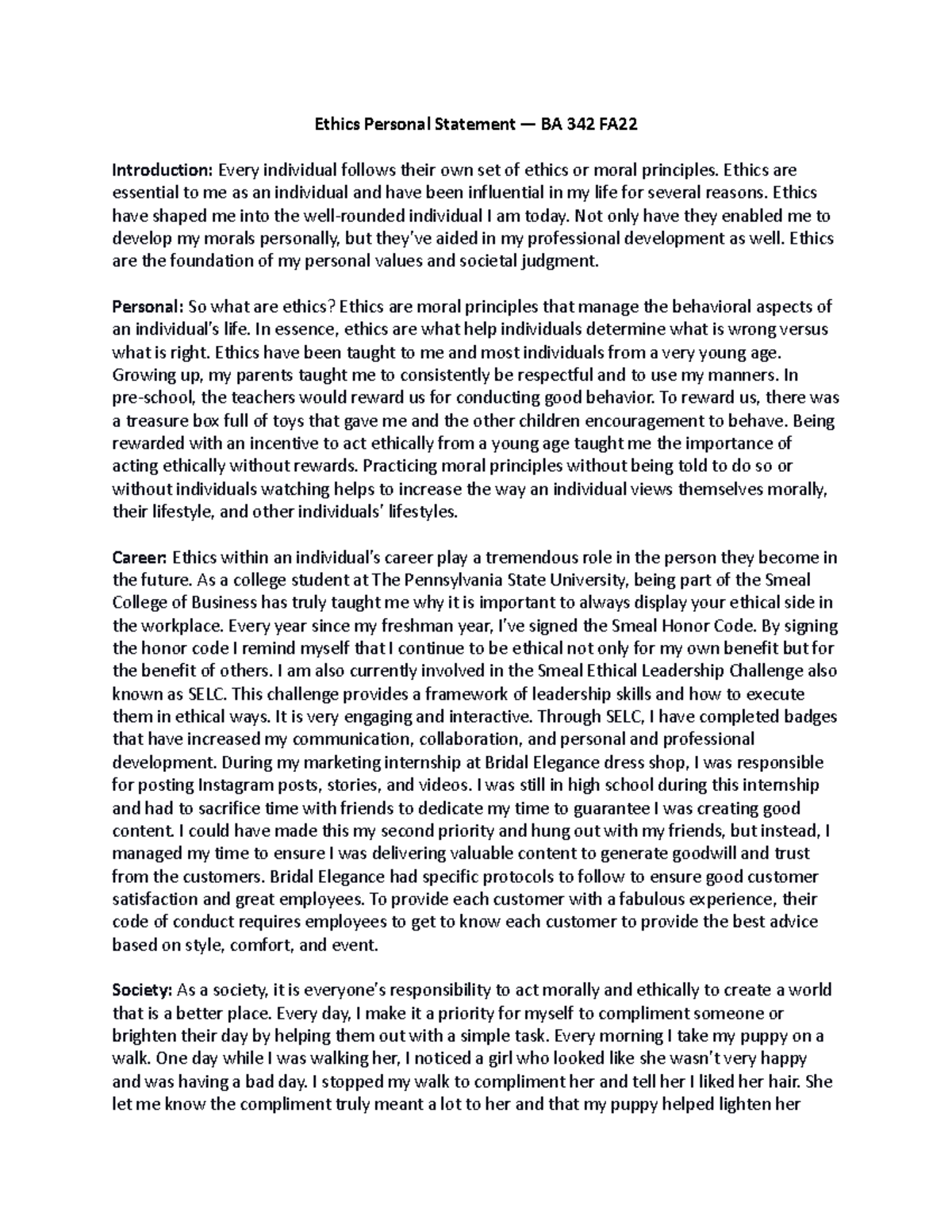Ethics Personal Statement — BA 342 FA22 - Ethics Personal Statement ...