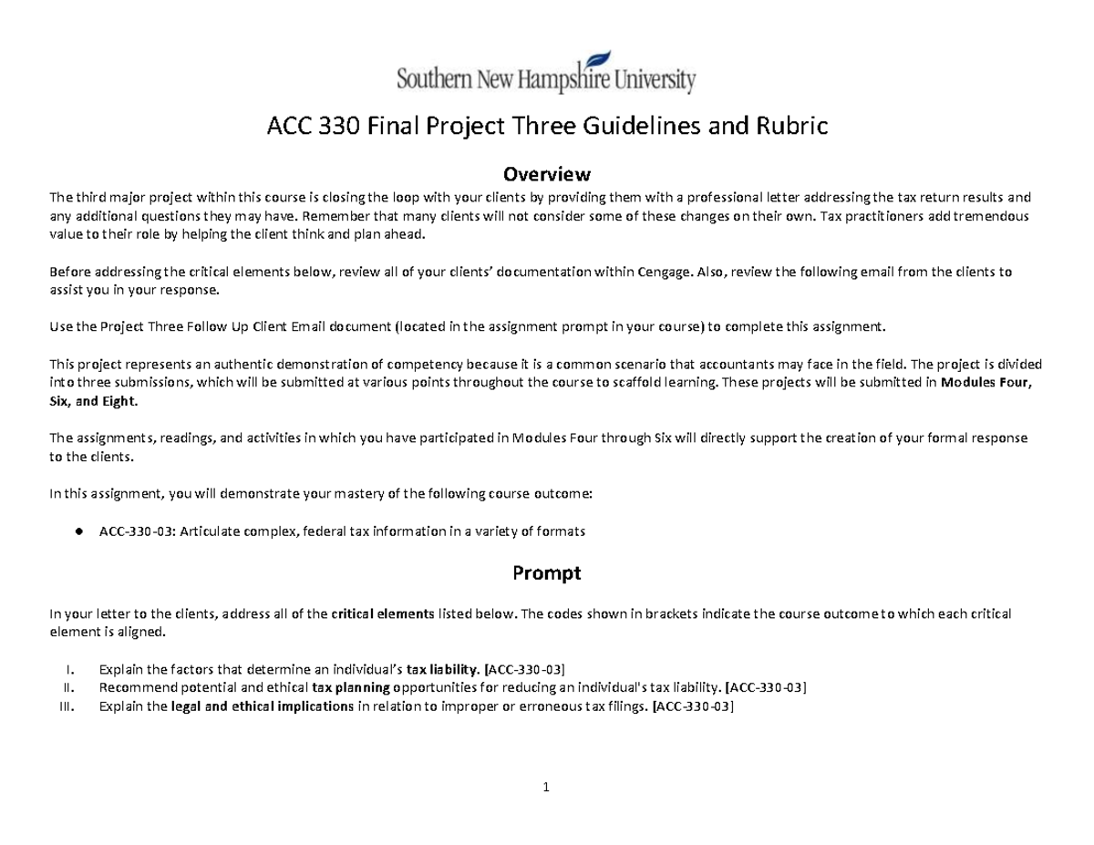 ACC 330 Final Project Three Guidelines and Rubric - Remember that many ...