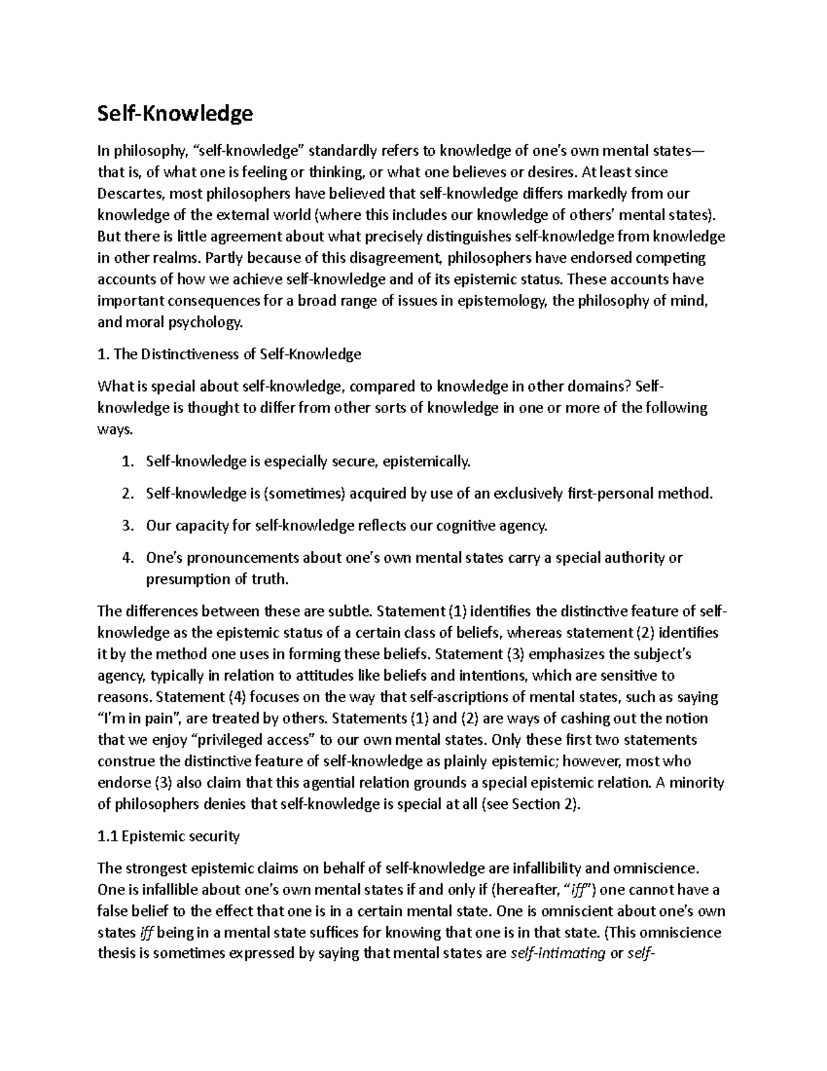 Lecture in Self-Knowledge - Self-Knowledge In philosophy, “self ...