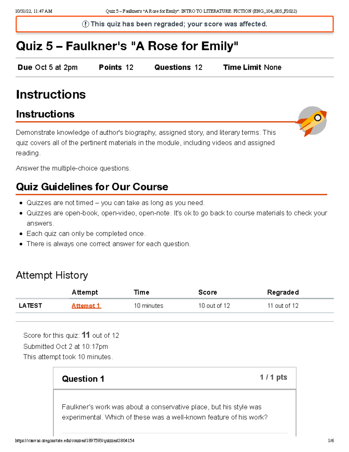 Quiz 5 – Faulkner's A Rose for Emily Intro TO Literature Fiction (ENG ...