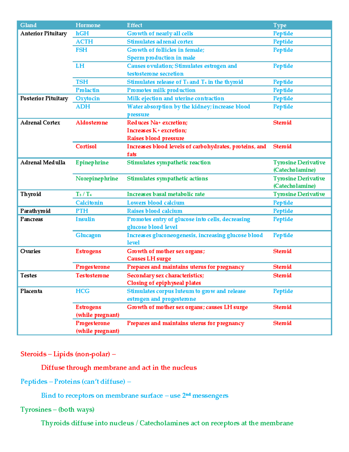 MCAT Biology - Endocrine System - Gland Hormone Effect Type Anterior ...