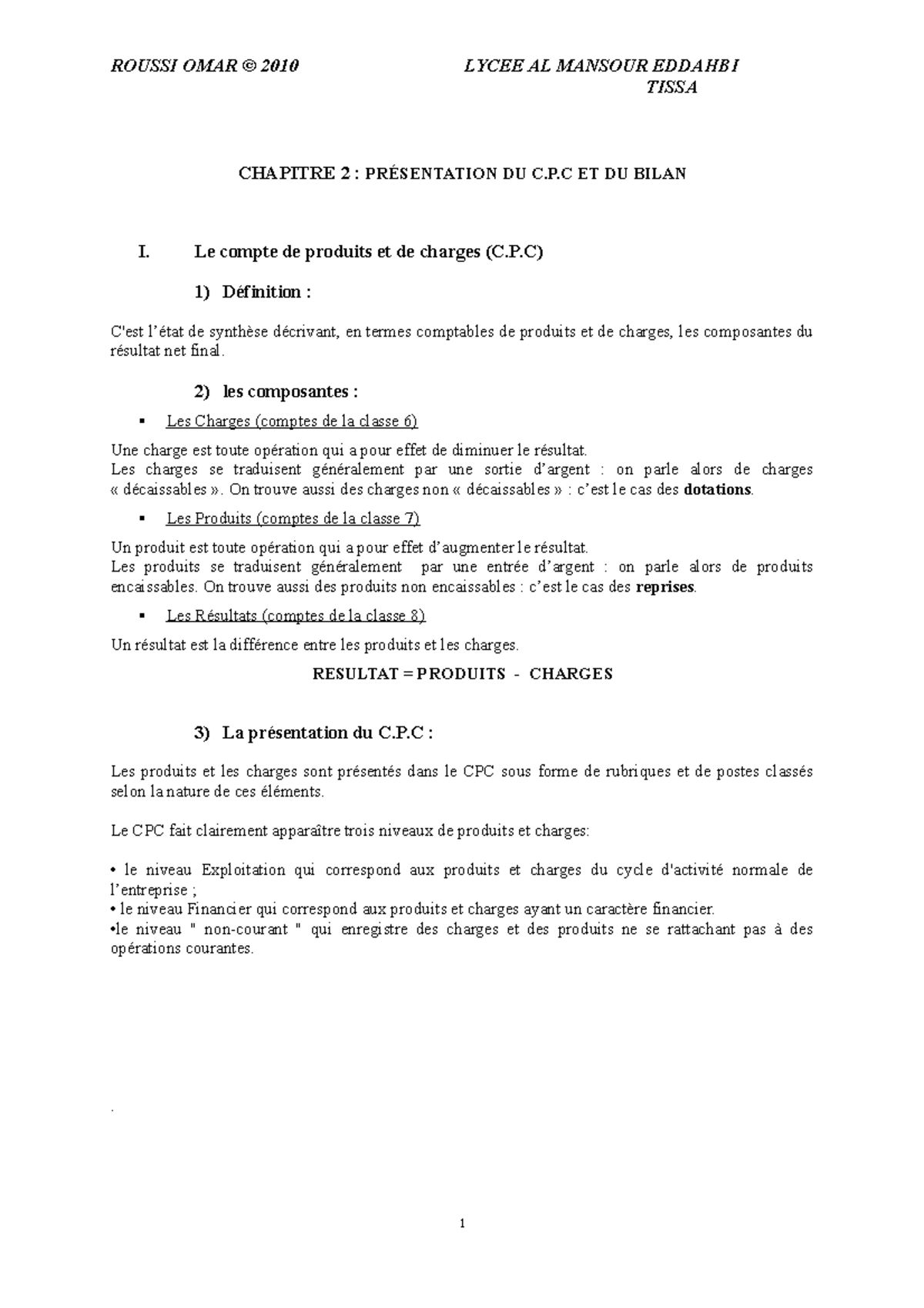 CPC bilan - TISSA CHAPITRE 2 : PRÉSENTATION DU C.P ET DU BILAN I. Le ...