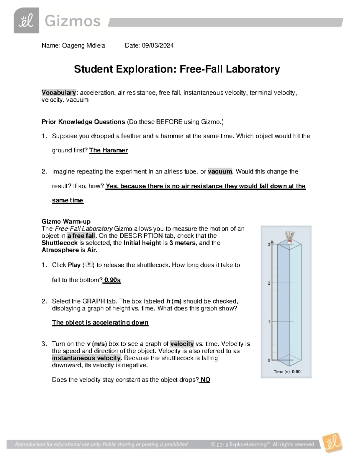 Free Fall SE gg - free fall gizmo experiment - Name: Oageng Mdlela Date ...