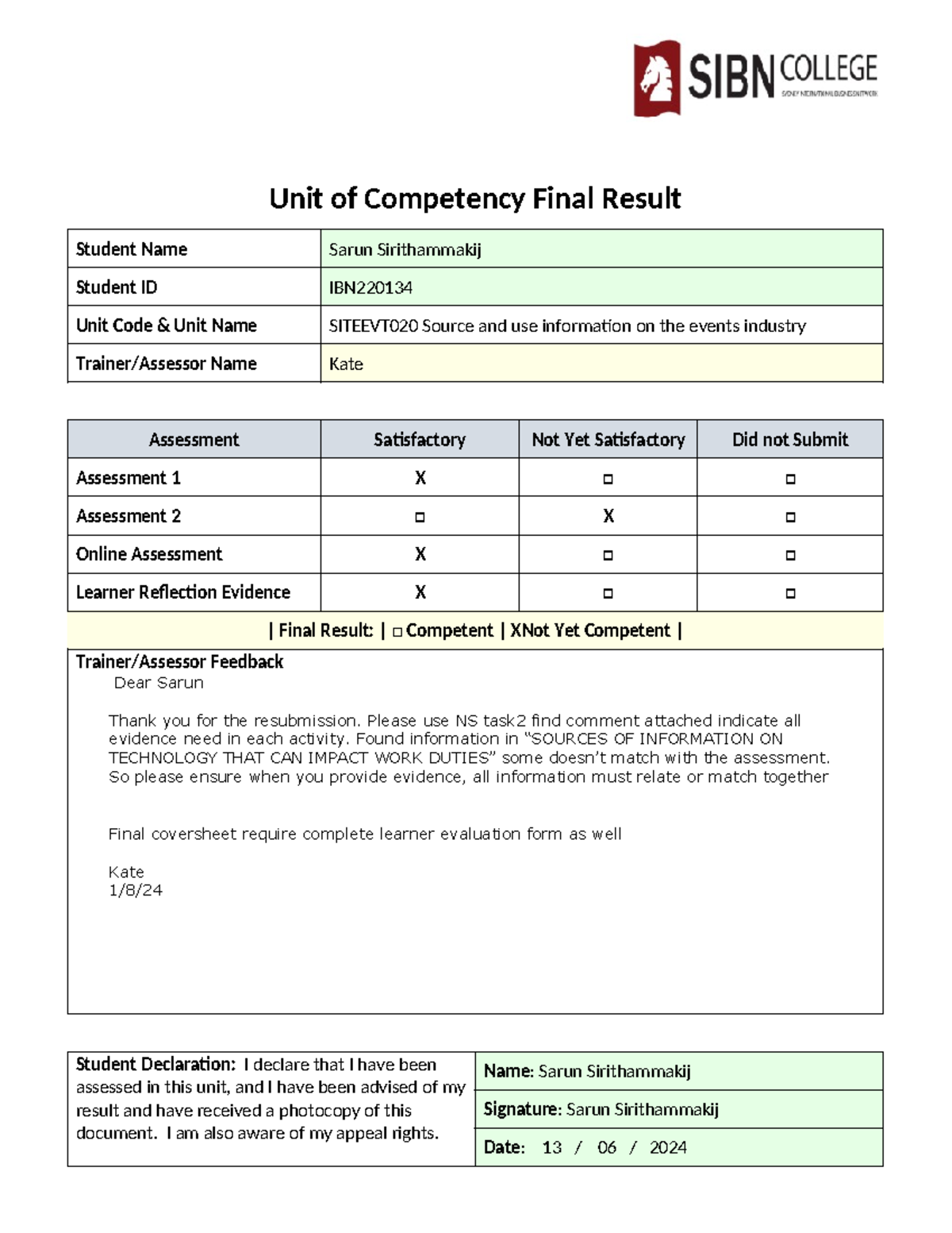 1 NS Siteevt 020 Final result cover sheet plus Sarun IBN22013 4 - Unit of Competency Final ...