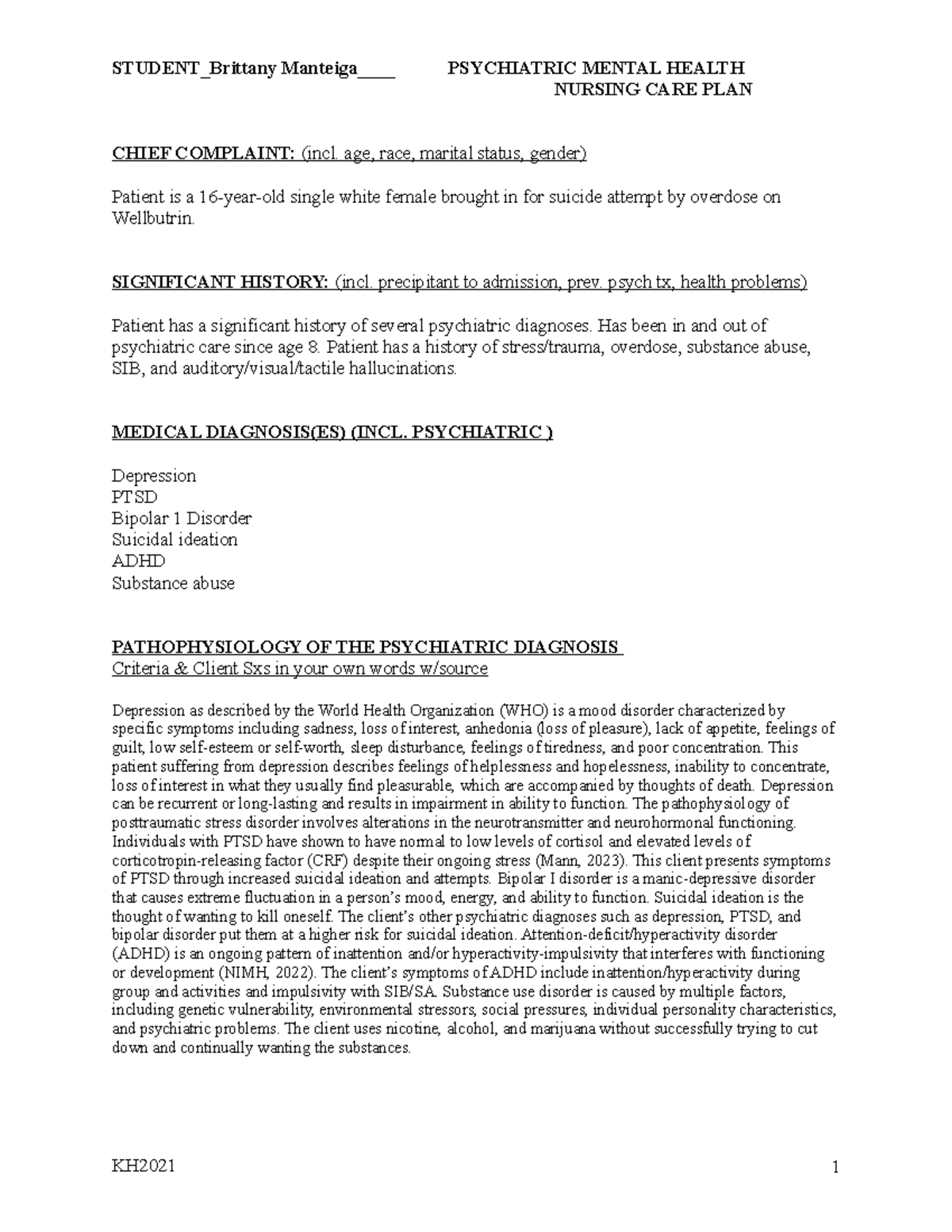 Psych Care Plan - STUDENT_Brittany Manteiga____ PSYCHIATRIC MENTAL ...