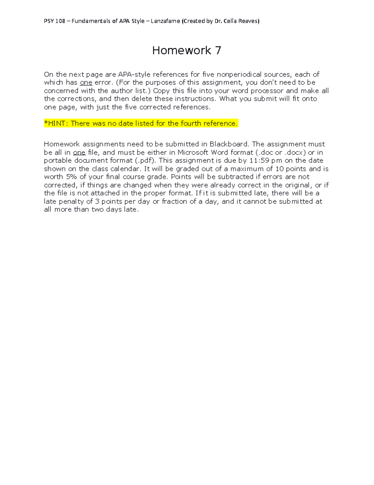 Updated Homework 7 - PSY 108 – Fundamentals of APA Style – Lanzafame ...