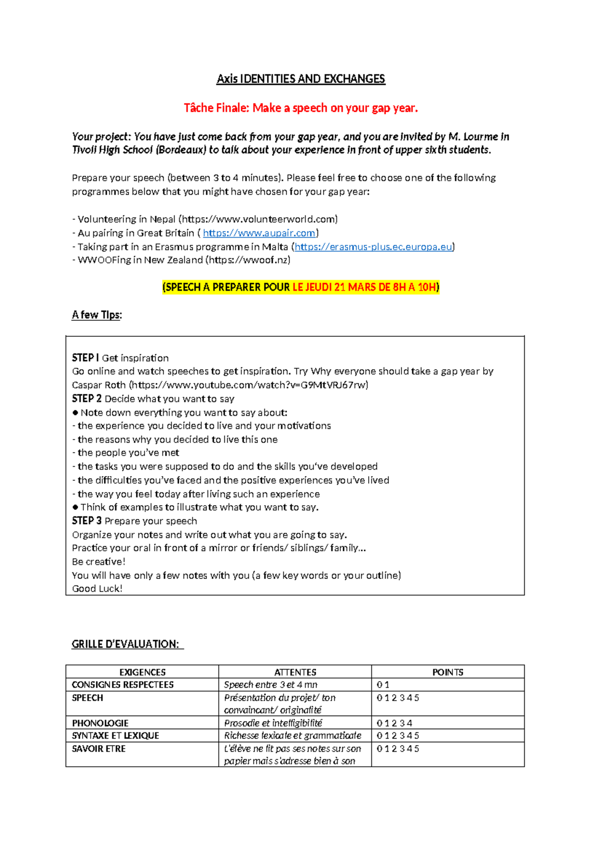 Axis Identities AND Exchanges EOC Speech Tâche Finale - Axis IDENTITIES ...