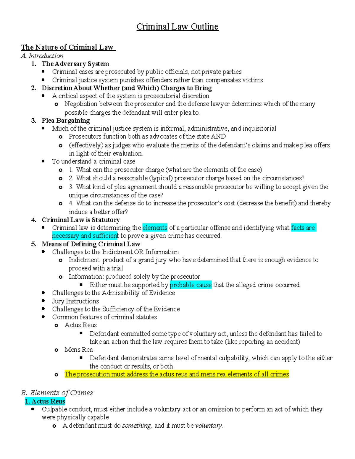 Criminal Law Outline - Introduction 1. The Adversary System Criminal ...