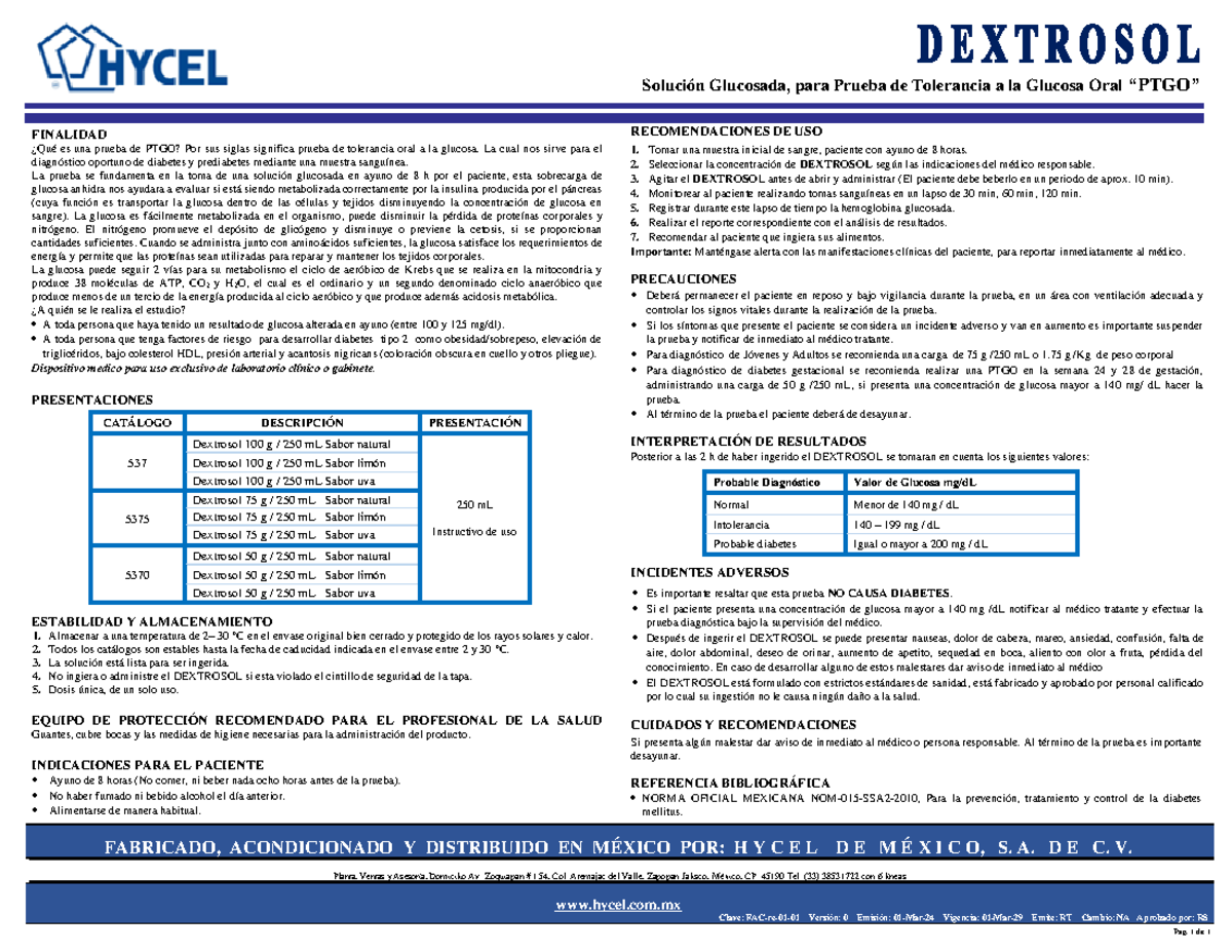 Dextrosol - HDS - FABRICADO, ACONDICIONADO Y DISTRIBUIDO EN MÉXICO POR ...