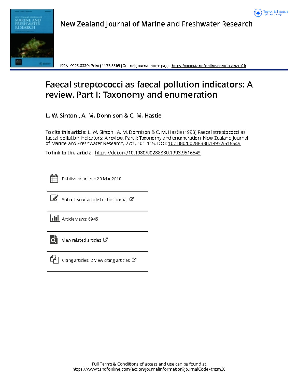 Faecal Streptococci As Faecal Pollution Indicators A Review Part I Taxonomy And Enumeration