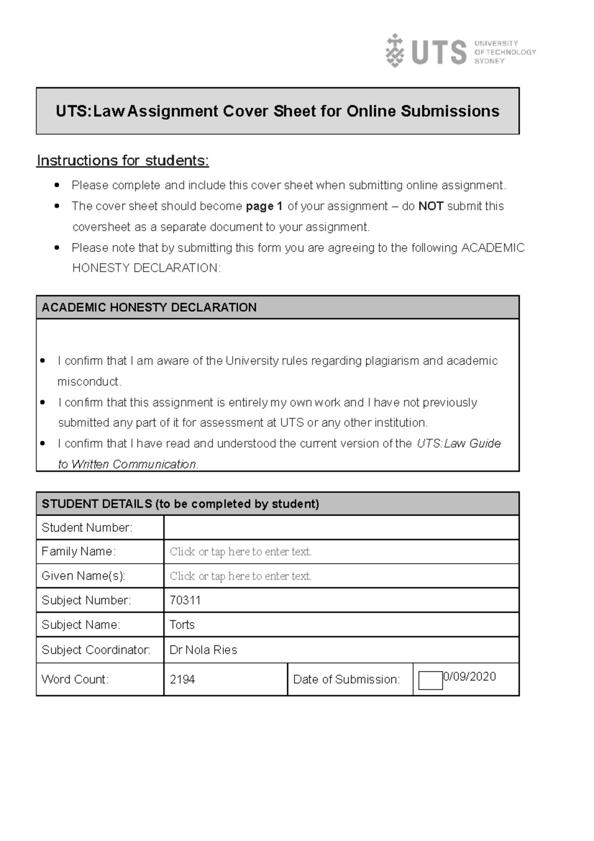 TORTS ESSAY - DISTINCTION - UTS:Law Assignment Cover Sheet for Online ...