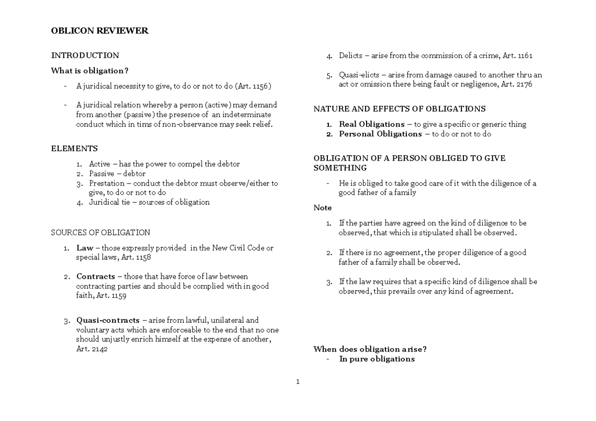 Law On Obligations And Contracts - OBLICON REVIEWER 1 INTRODUCTION What ...