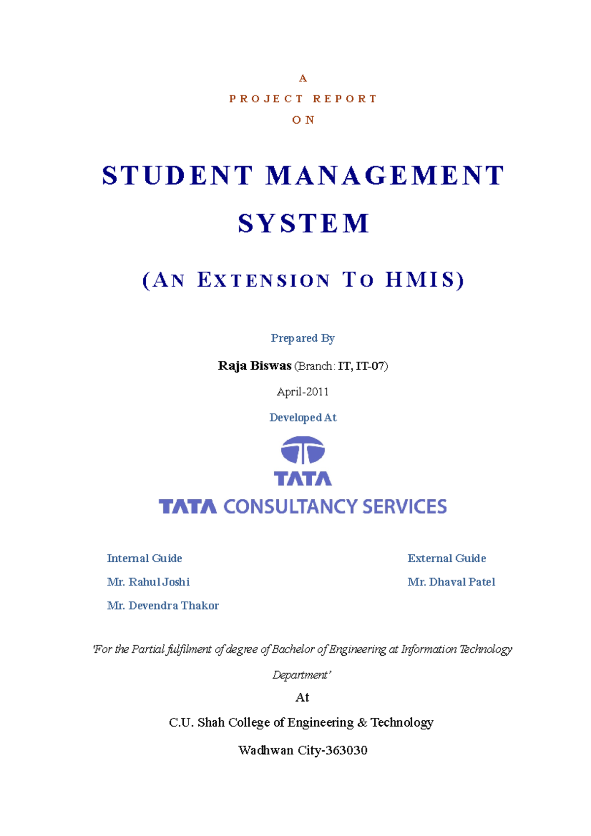 Title Page - A P R O J E C T R E P O R T O N S T U D E N T M A N A G E ...