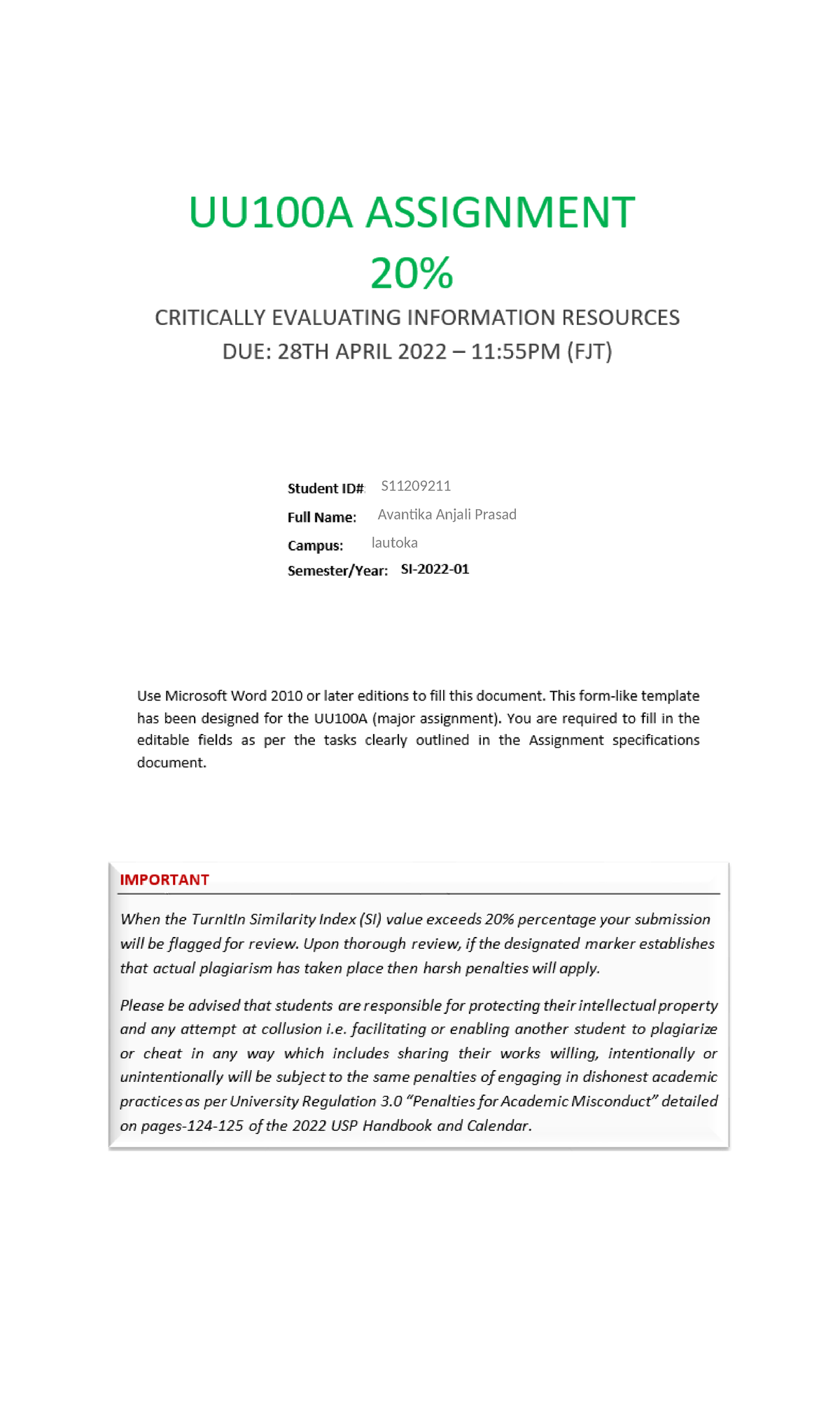 UU100A - Assignment Template - SI-2022-01 - S Avantika Anjali Prasad ...