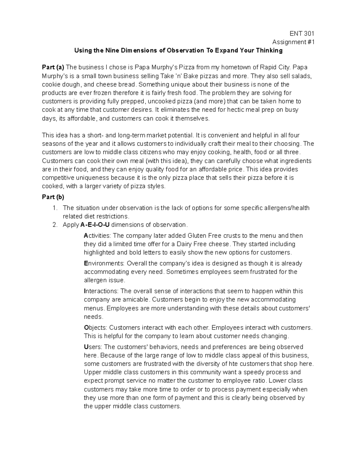 ENT 301 Assignment #1 - The instructor for this course is Joseph ...