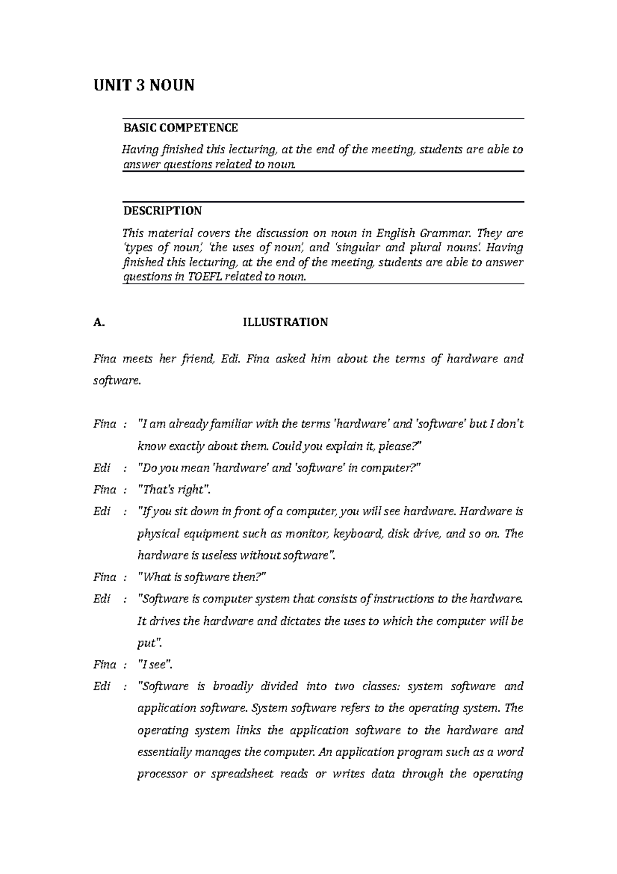 Unit Noun Grammar - UNIT 3 NOUN BASIC COMPETENCE Having finished this ...