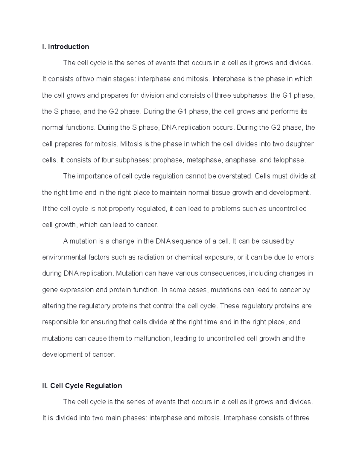 Cell Cycle Regulation, Mutation, and Cancer - I. Introduction The cell ...
